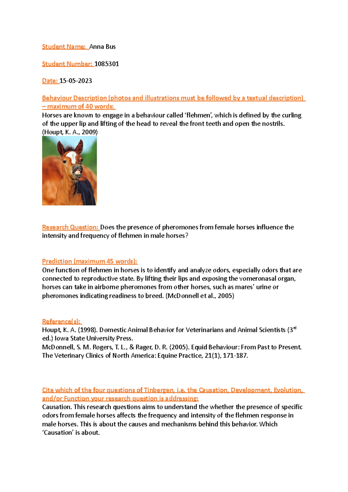Animal behavior individual assignment - Student Name: Anna Bus Student ...
