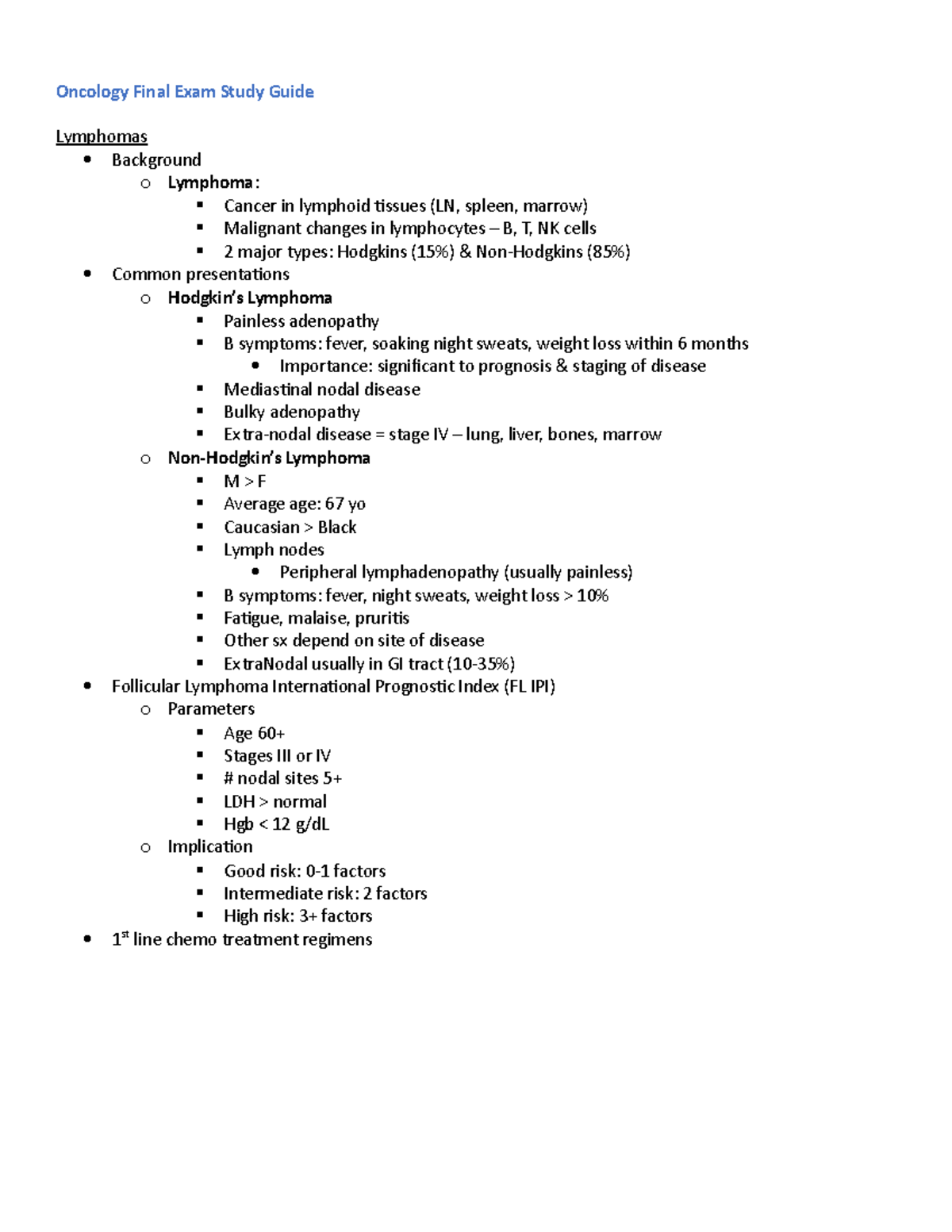 Oncology Final Exam Study Guide - Oncology Final Exam Study Guide ...