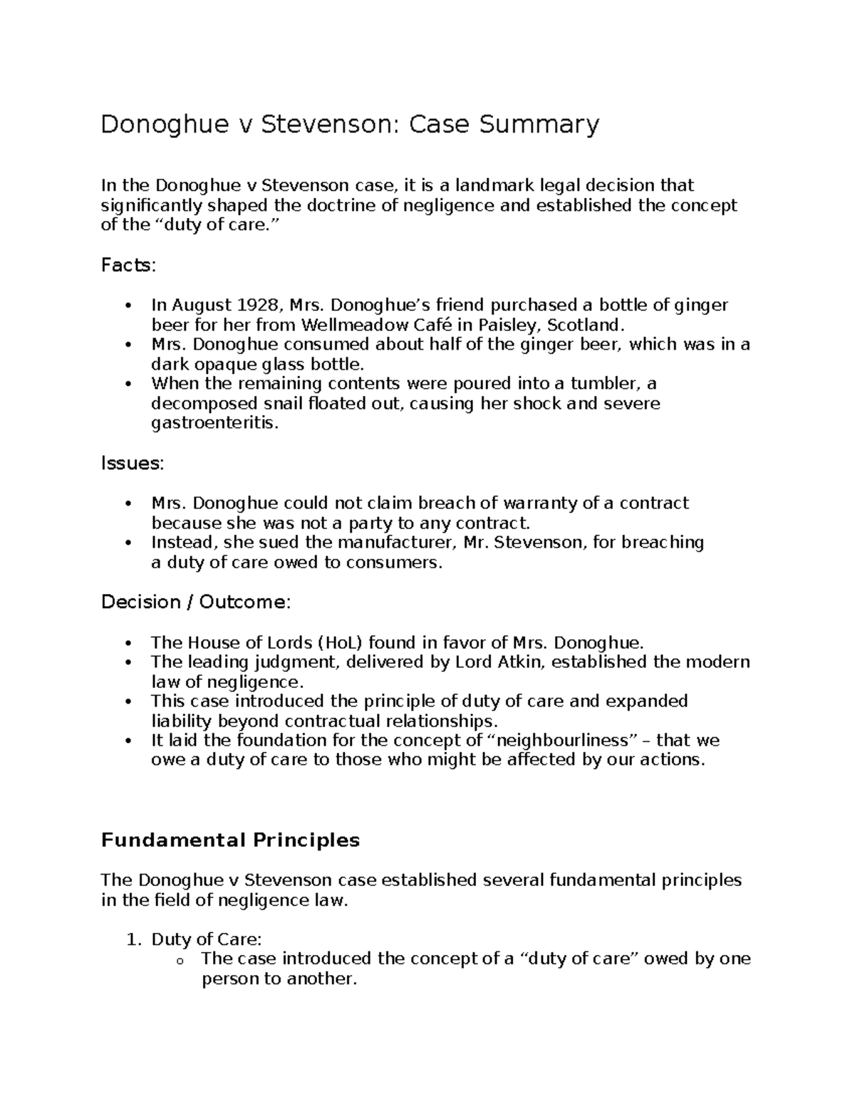Donoghue v Stevenson case brief - Donoghue v Stevenson: Case Summary In ...
