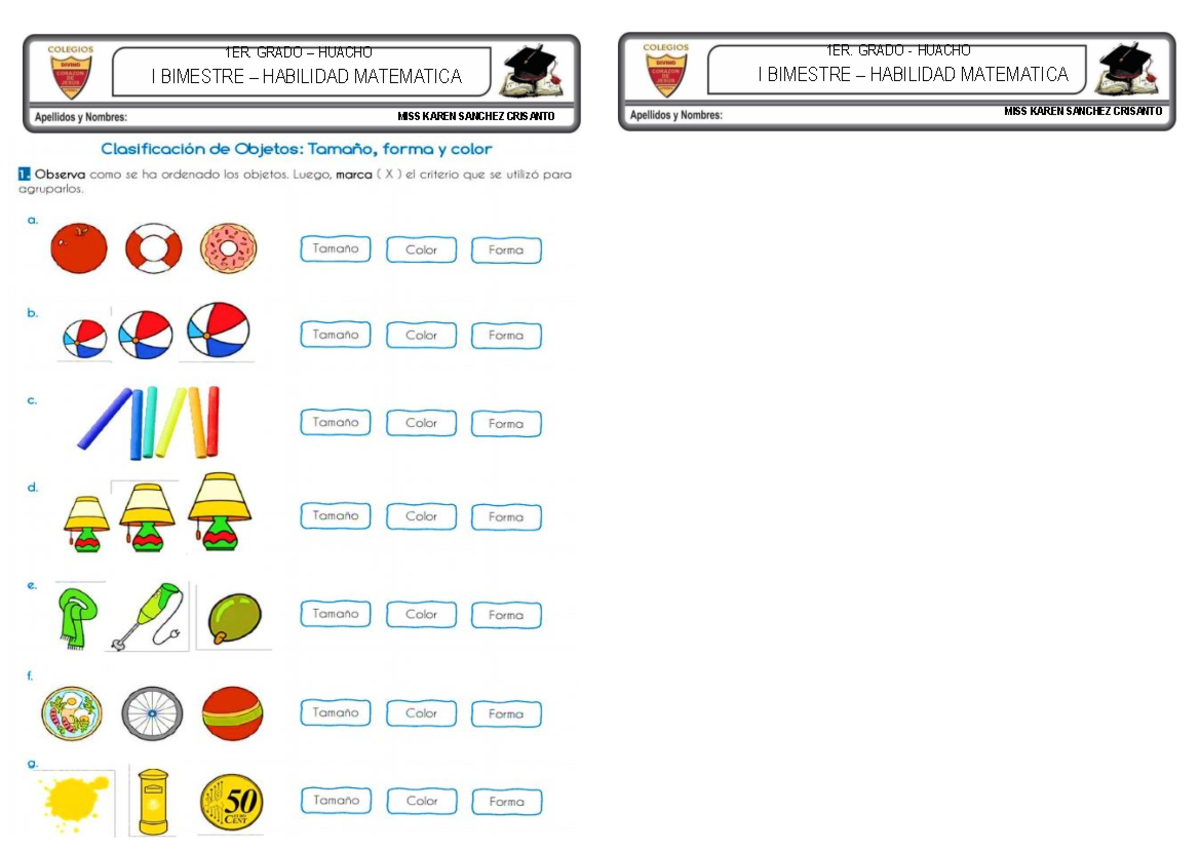 Clasificacion de objetos - ficha - matematicas - MISS KAREN SANCHEZ ...