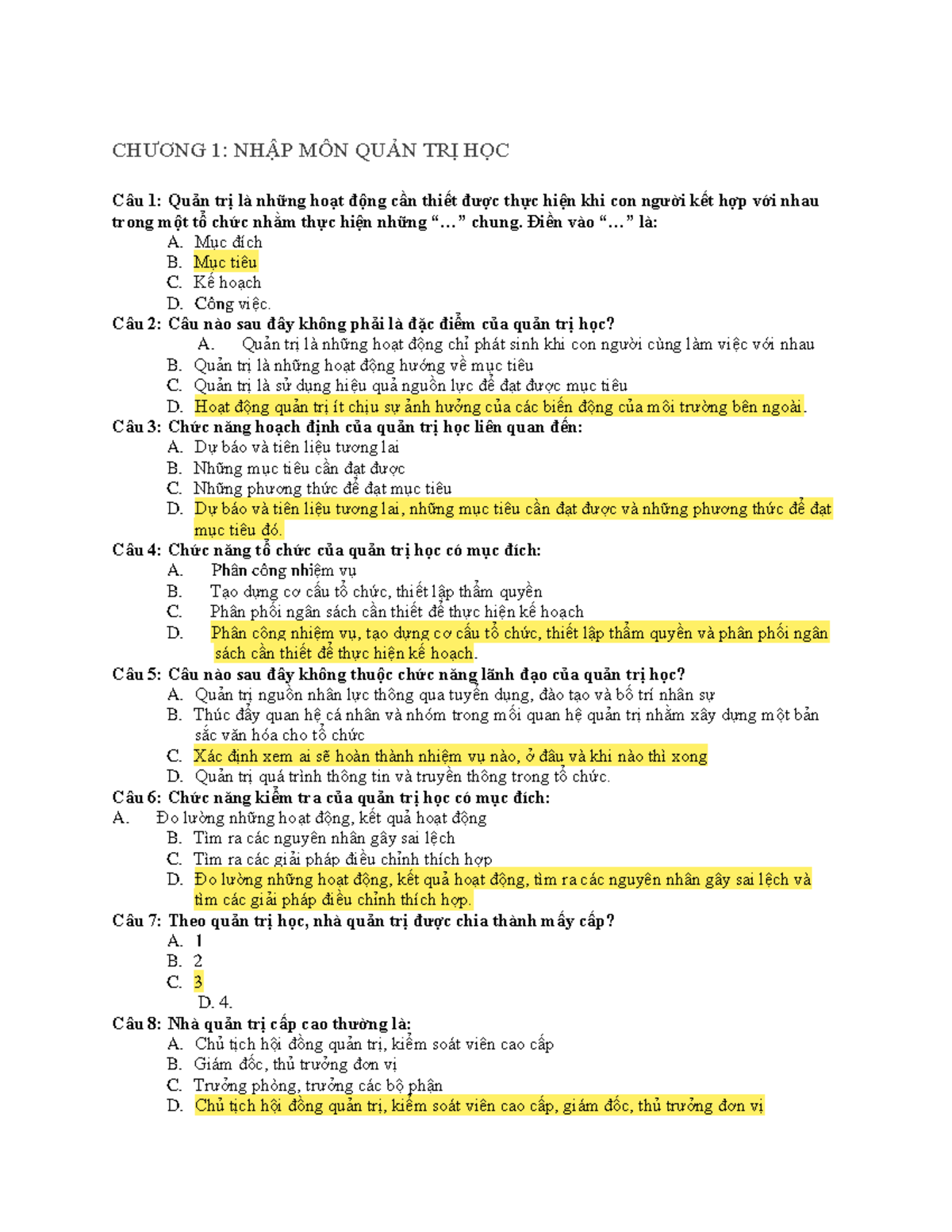 Ôn-tập-QTH - PRACTICE - CH£¡NG 1: NHÀP MÔN QUÀN TRà HâC Câu 1: QuÁn trị là những ho¿t động cần ...