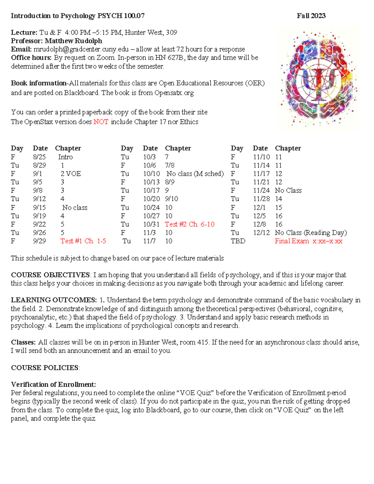 Syllabus PSYCH 100.07 Fall 23 - Introduction to Psychology PSYCH 100 ...