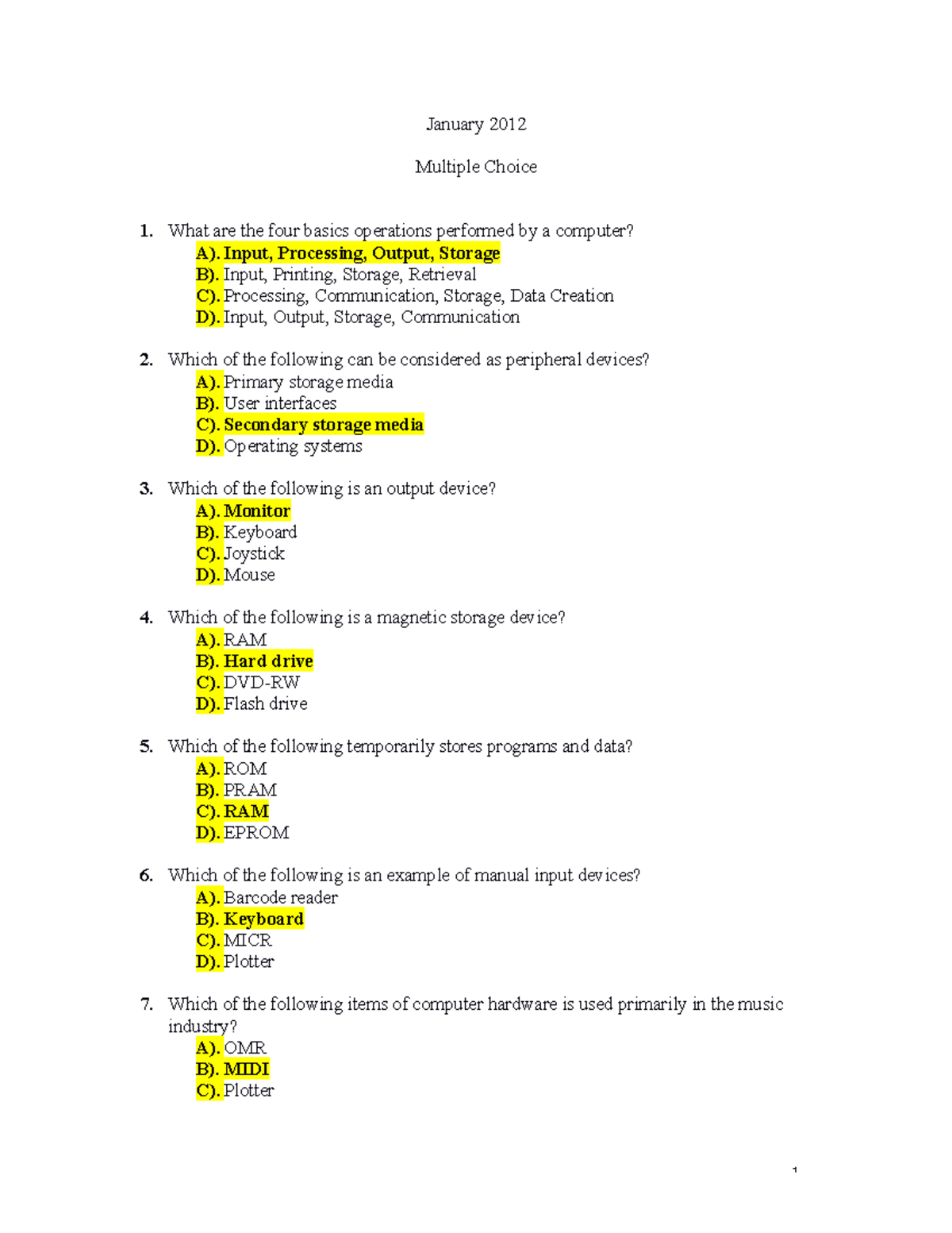 2012 paper 1with solution - January 2012 Multiple Choice What are the four basics operations ...