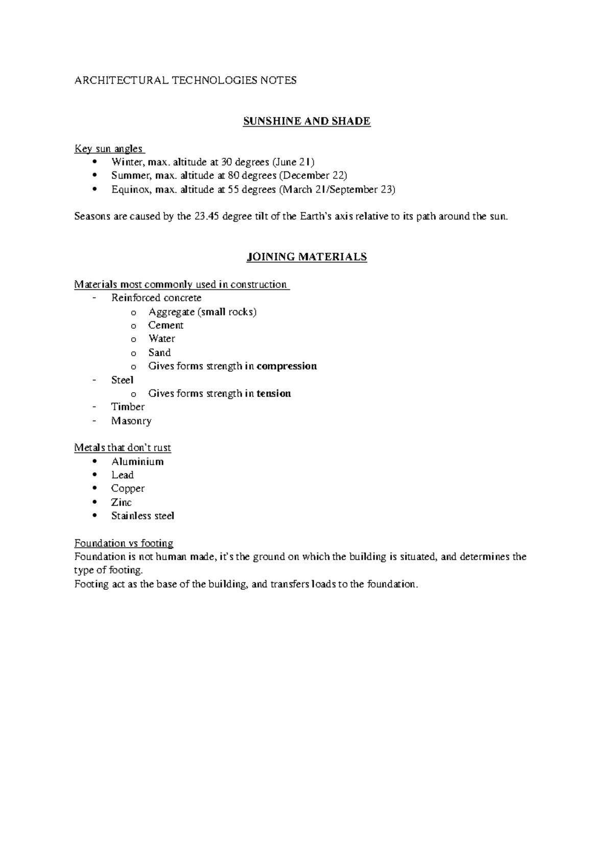 Tech Study Notes - ARCHITECTURAL TECHNOLOGIES NOTES SUNSHINE AND SHADE ...