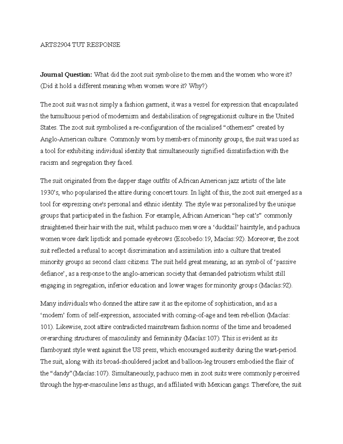 ARTS2904 TUT Response Final Draft - ARTS2904 TUT RESPONSE Journal ...