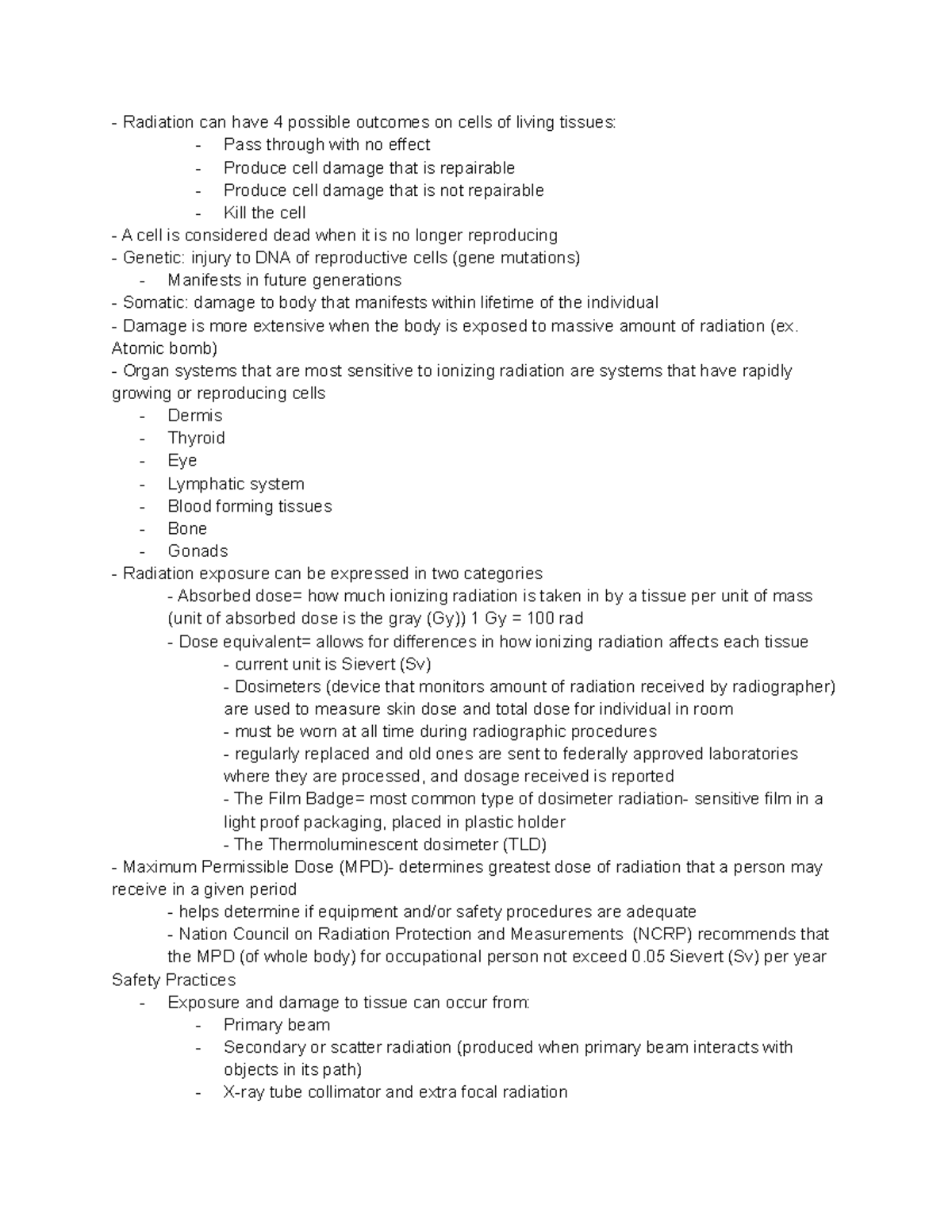 Radiation Safety - Radiation can have 4 possible outcomes on cells of ...