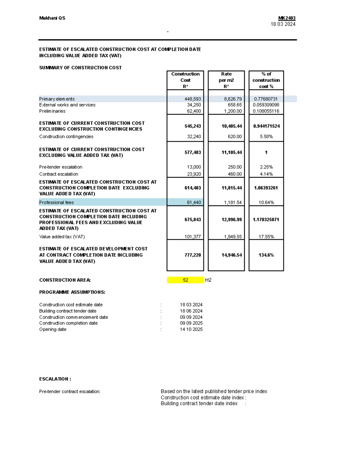 Elemental Estimate Template - House rev1 - Makhani QS MK ESTIMATE OF ...