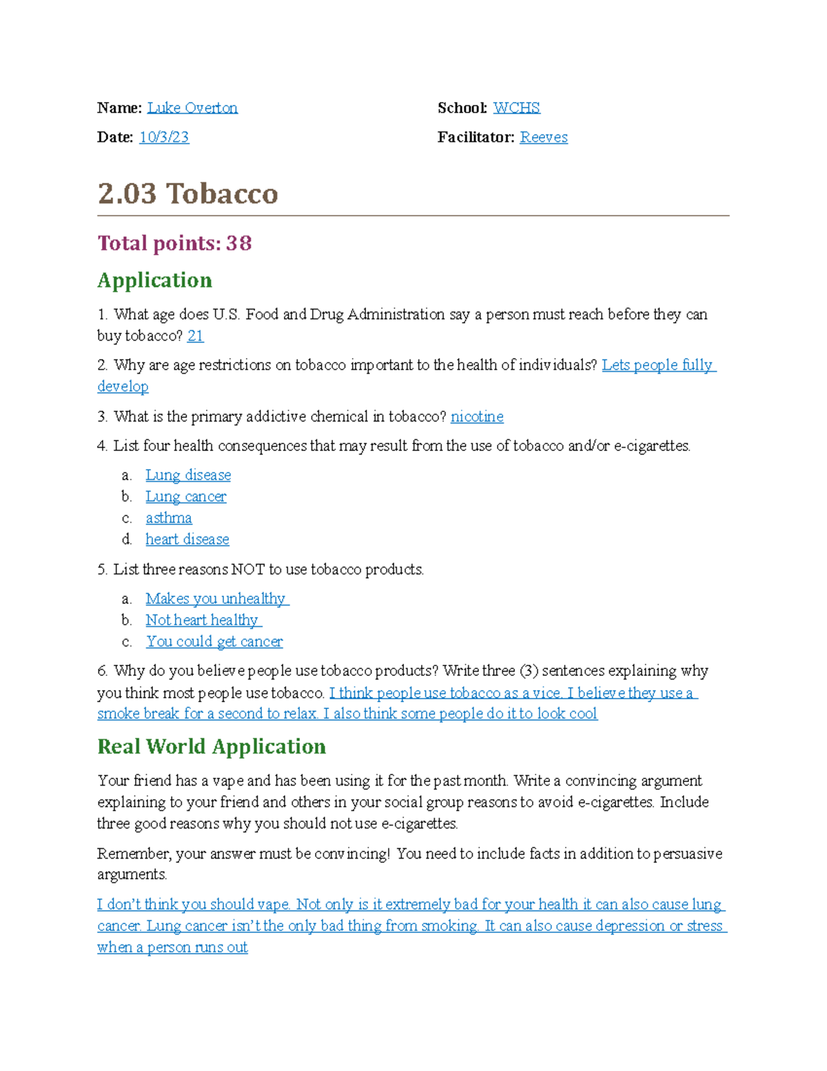 02-03 task - daily health worksheet - Name: Luke Overton Date: 10/3 ...