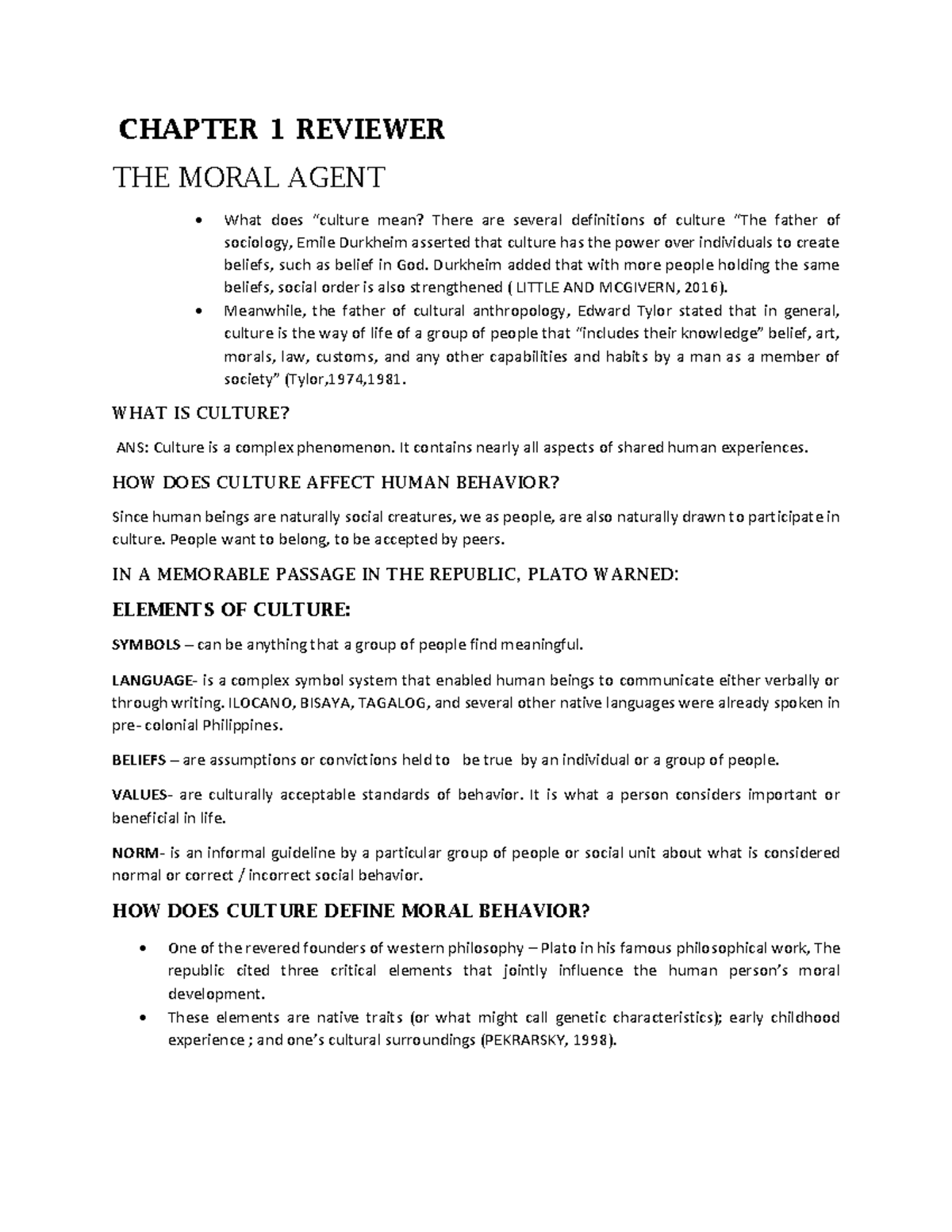 Ethics- Reviewer - study guide - CHAPTER 1 REVIEWER THE MORAL AGENT ...