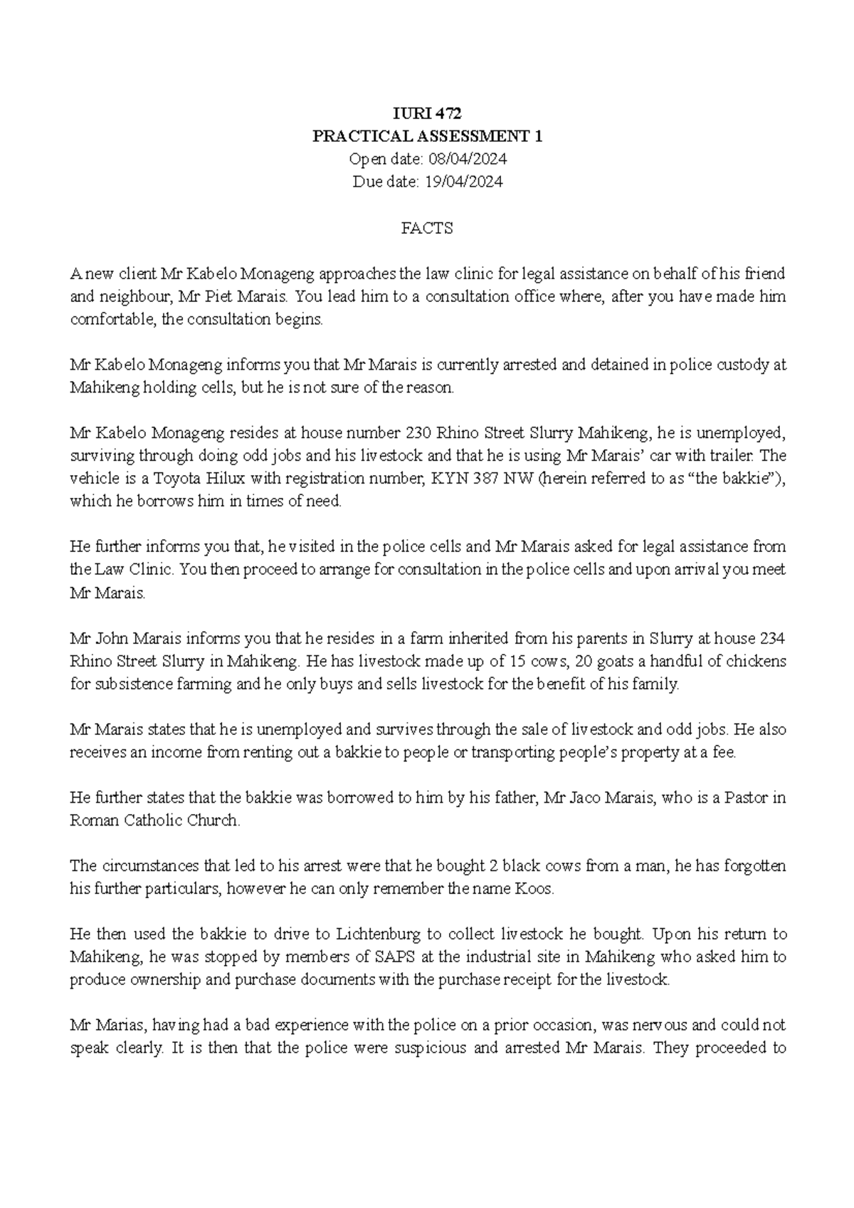 Practical Assessment 1 Case study - IURI 472 PRACTICAL ASSESSMENT 1 ...