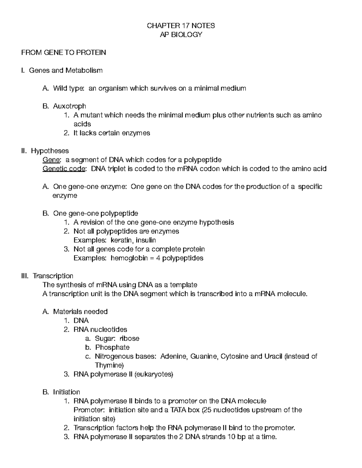 Chapter 17 notes: FROM GENE TO PROTEIN - CHAPTER 17 NOTES AP BIOLOGY ...
