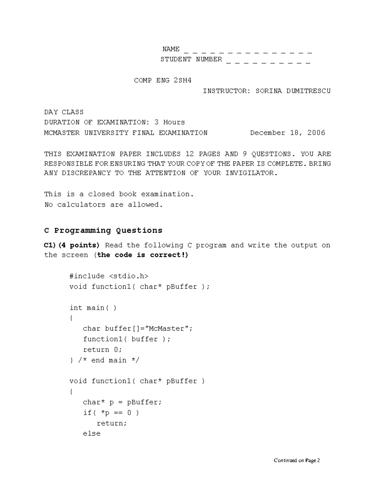2SH4 Exam 2006 - previous test - NAME ...
