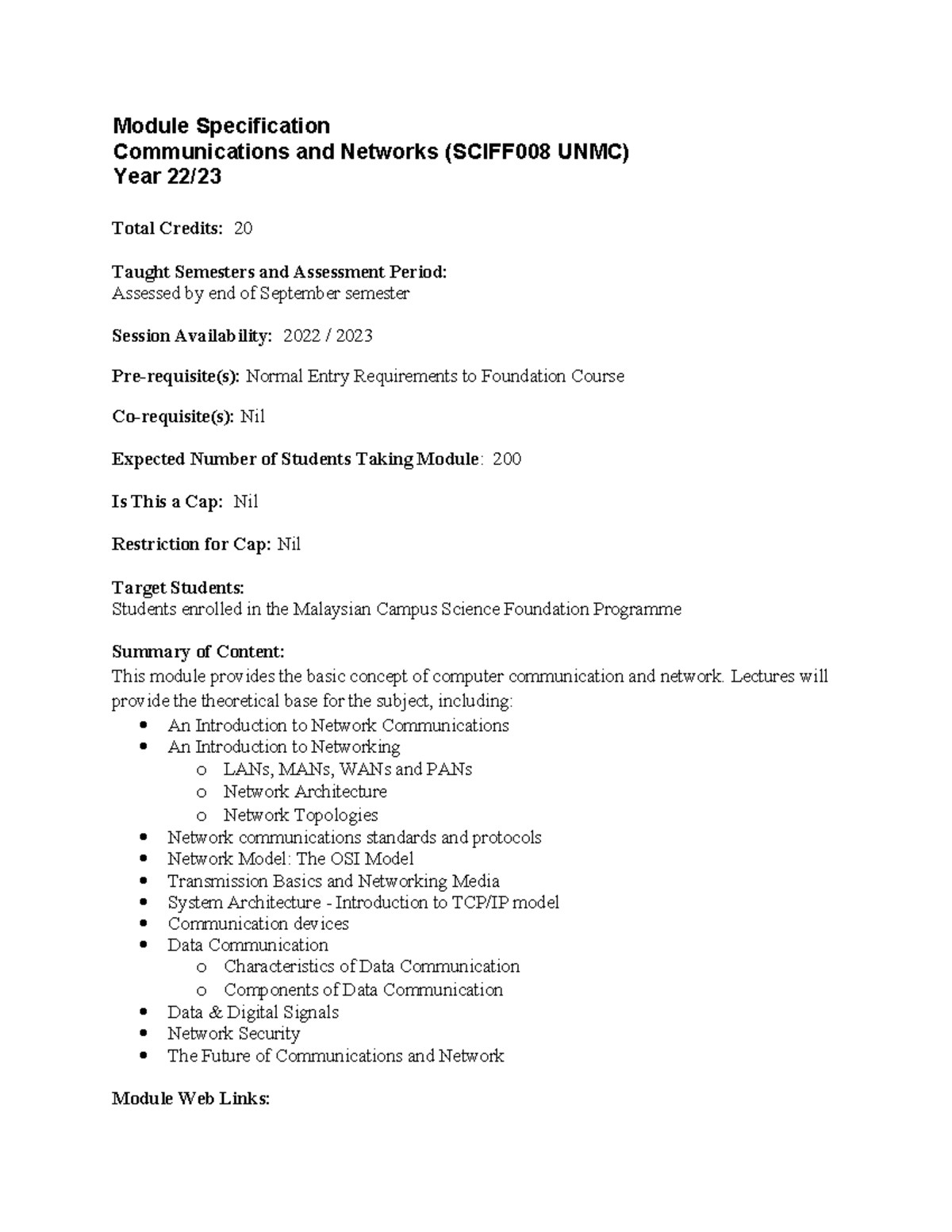 Comm network Modulespec sep2022 - Module Specification Communications ...