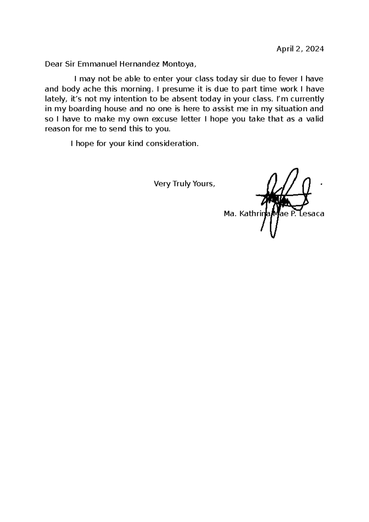 Lesaca. excuse letter - Hmm - April 2, 2024 Dear Sir Emmanuel Hernandez ...