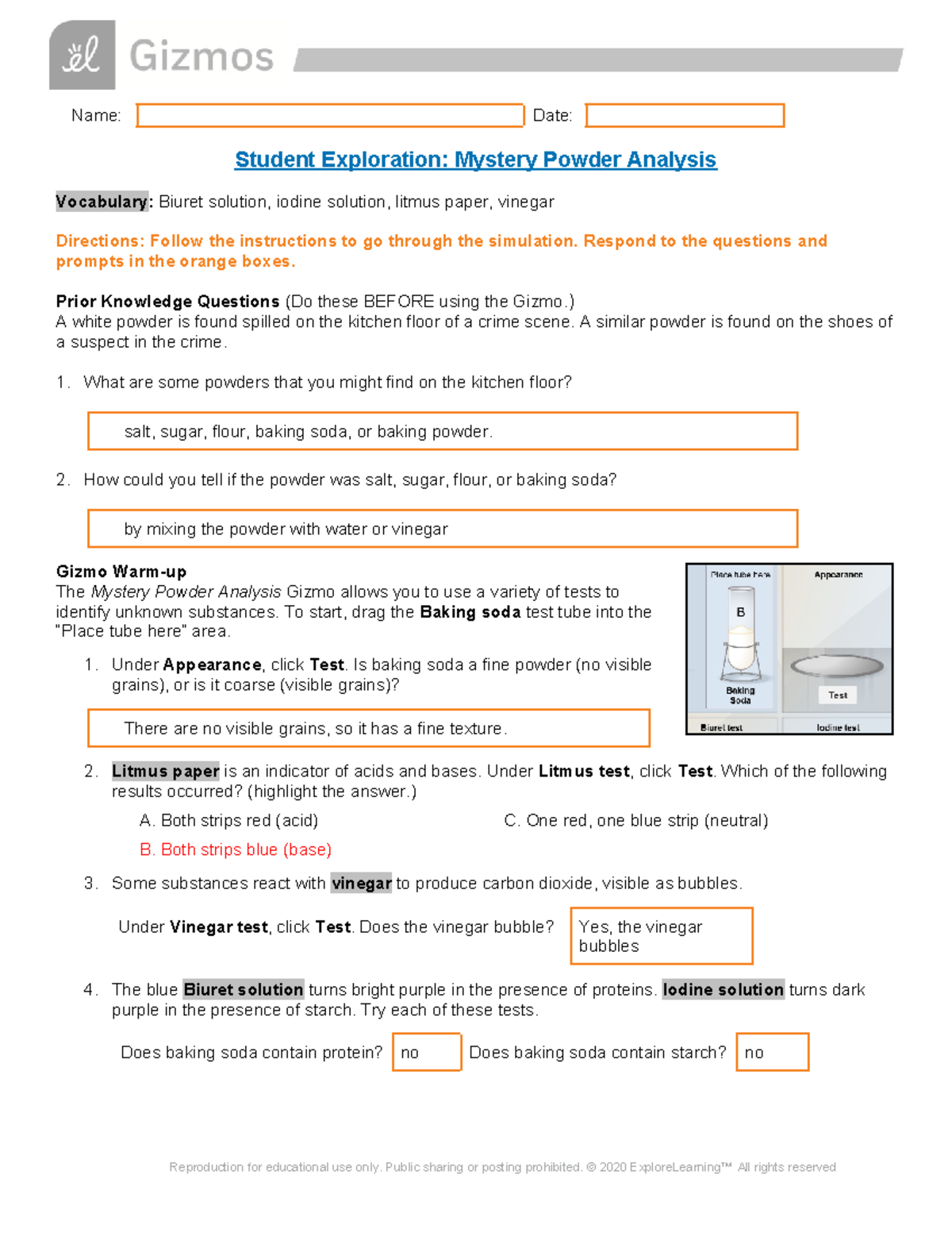 Copy of Mystery Powder SE - Name: Date: Student Exploration: Mystery ...