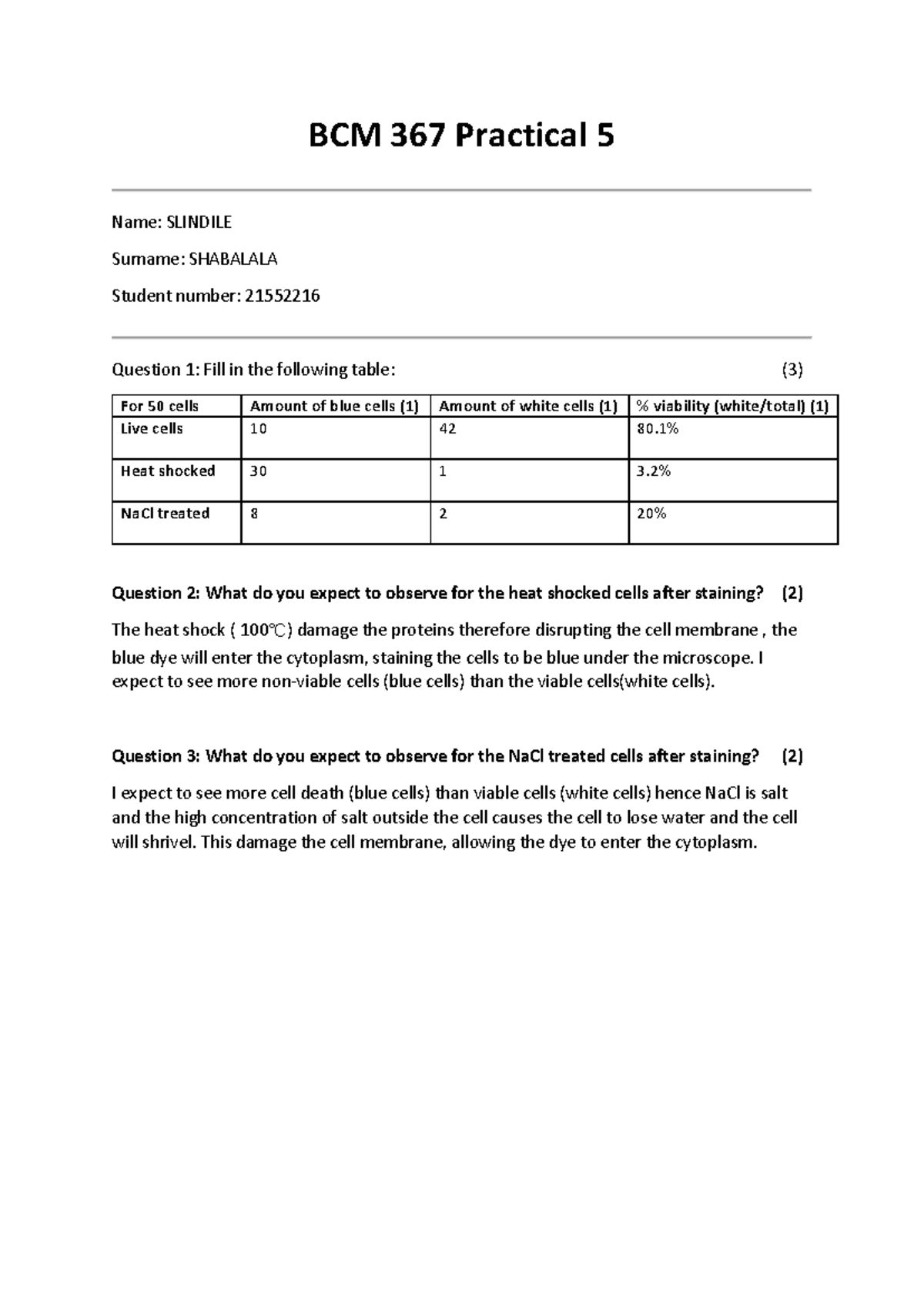 BCM 367 Practical 5 assignment - BCM 367 Practical 5 Name: SLINDILE Surname: SHABALALA Student ...
