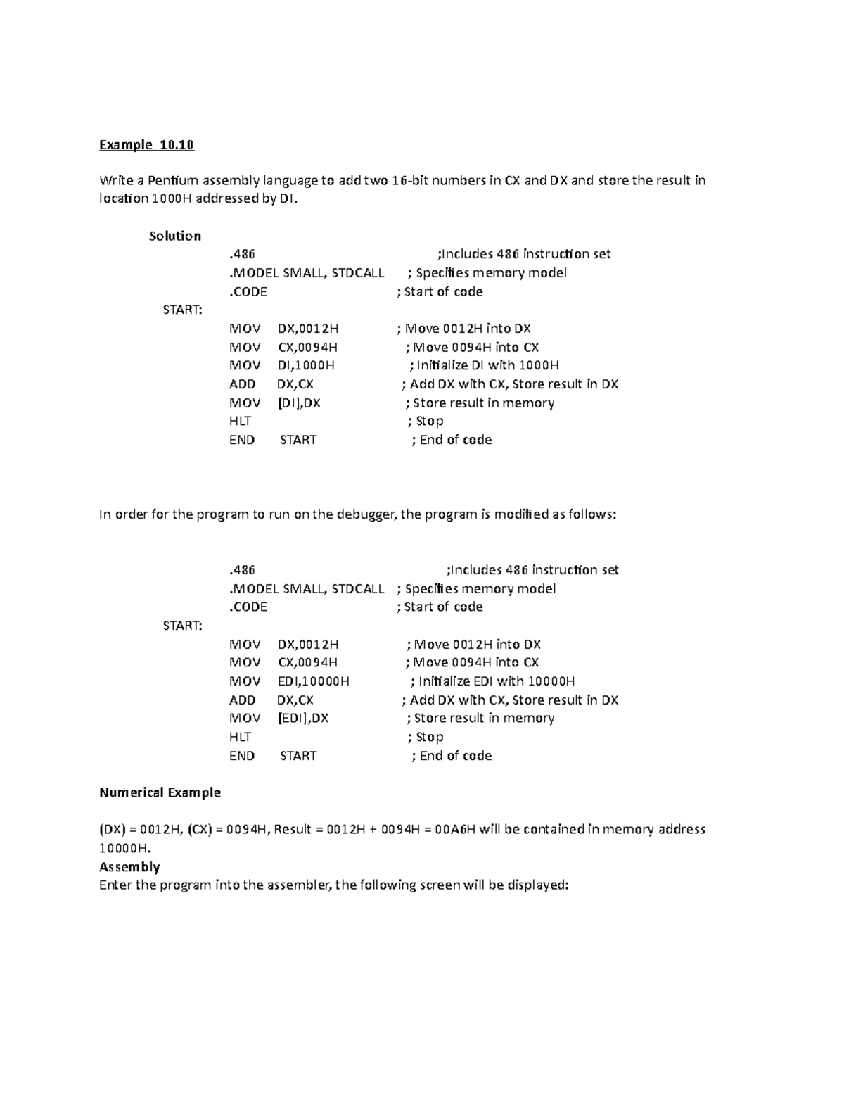 Ex10.10 - Solution - Example 10. Write a Pentium assembly language to add two 16-bit numbers in ...