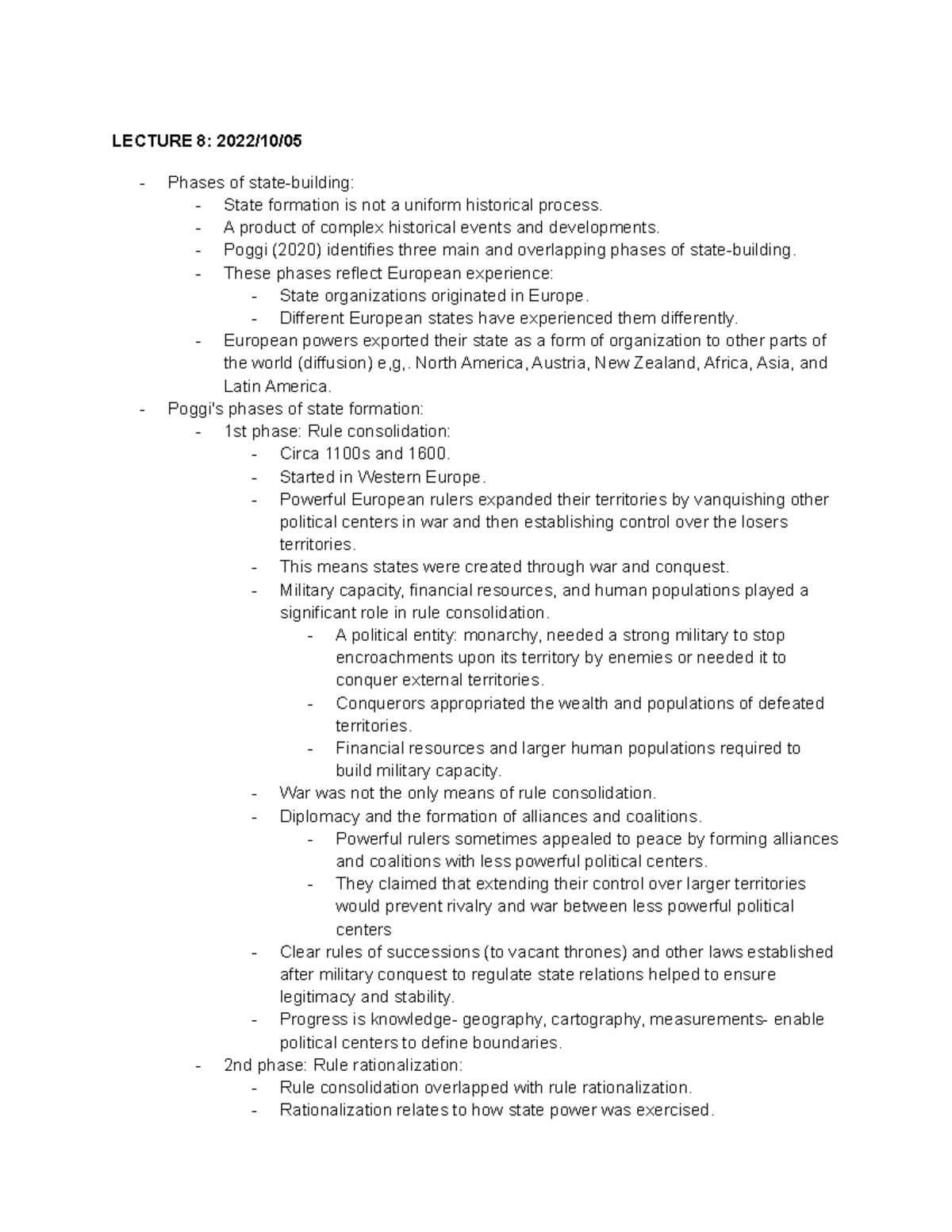 Poli 203, lecture 8 part 1 - LECTURE 8: 2022/10/ Phases of state-building: State formation is ...