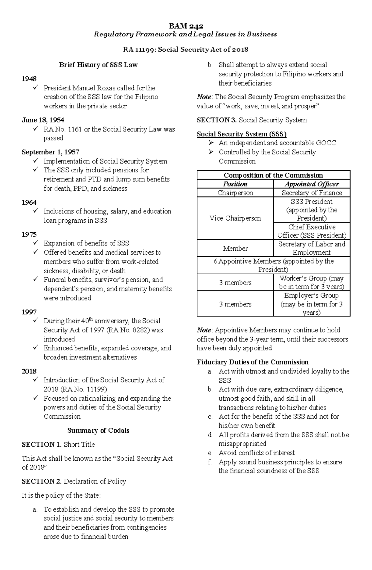 SSS Law Summary (until retirement benefits only) - Regulatory Framework ...