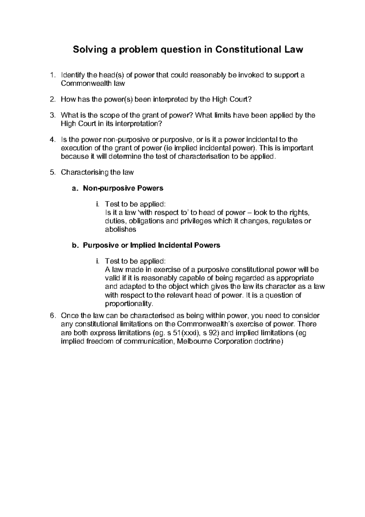 Steps to Characterisation - Solving a problem question in Constitutional Law Identify the head(s ...