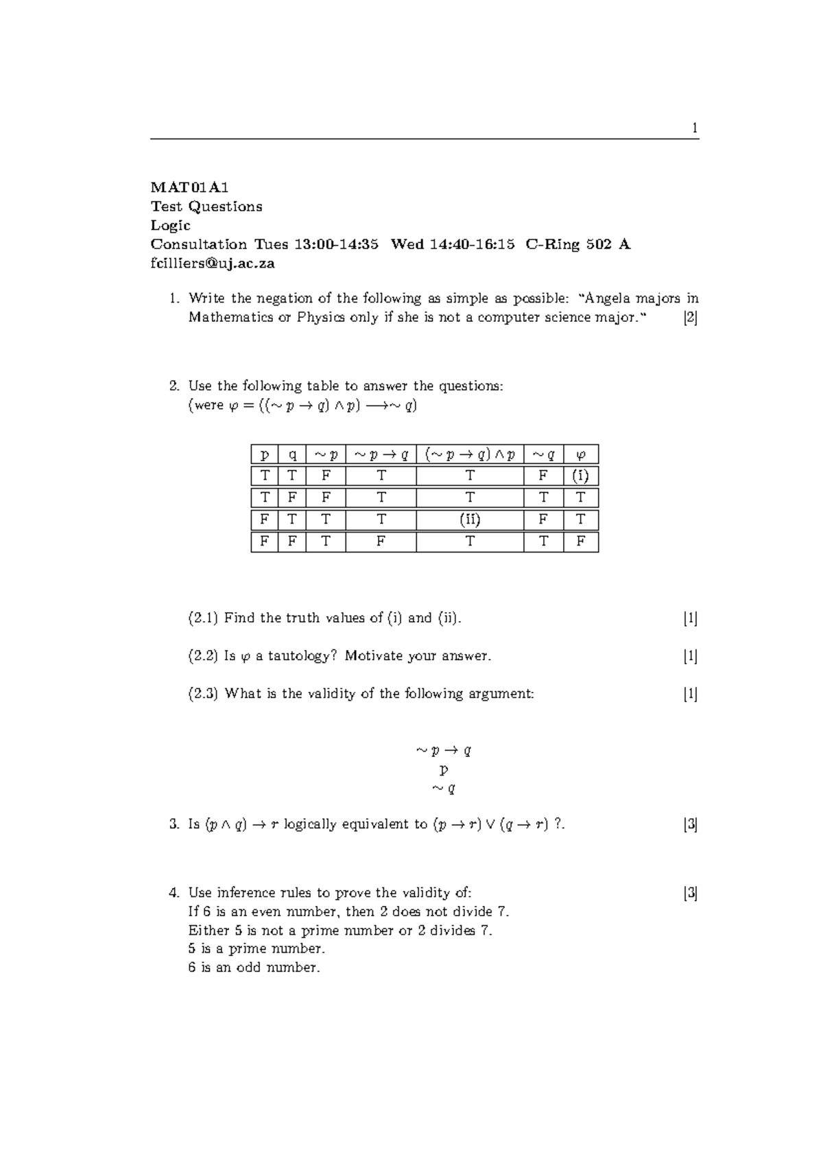 NB logic exam questions - MAT01A Test Questions Logic Consultation Tues ...
