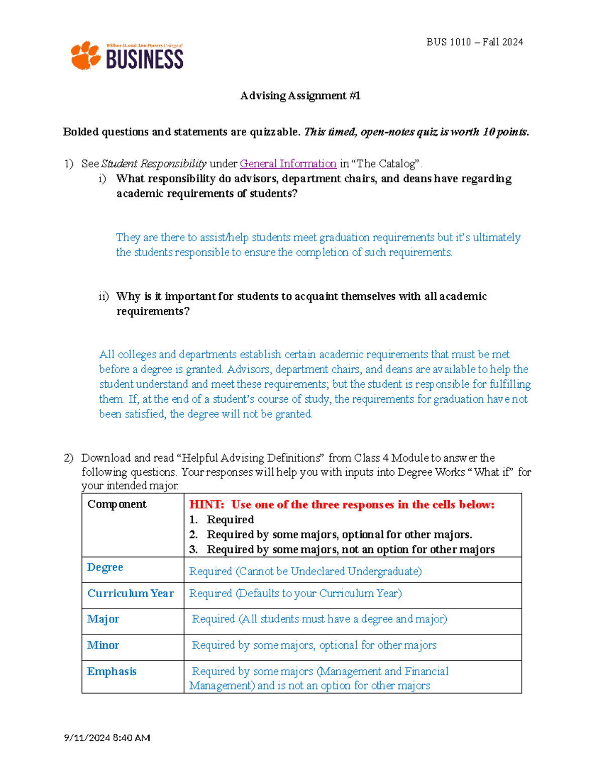 Class 4 Homework Sheet(Advising Assignment Part 1) - Advising ...