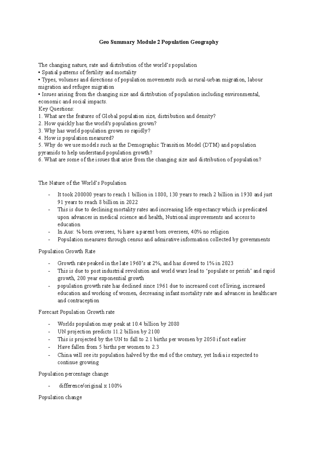 Geo Summary Module 2 Population Geography - Key Questions: What are the ...