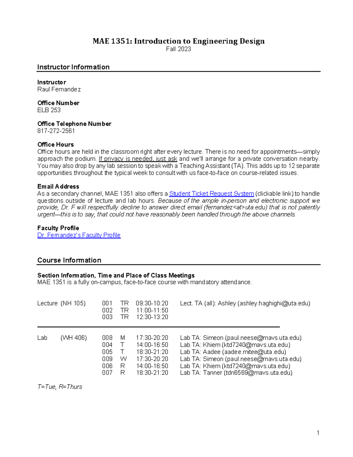 Eng Design Syllabus - MAE 1351: Introduction to Engineering Design Fall ...