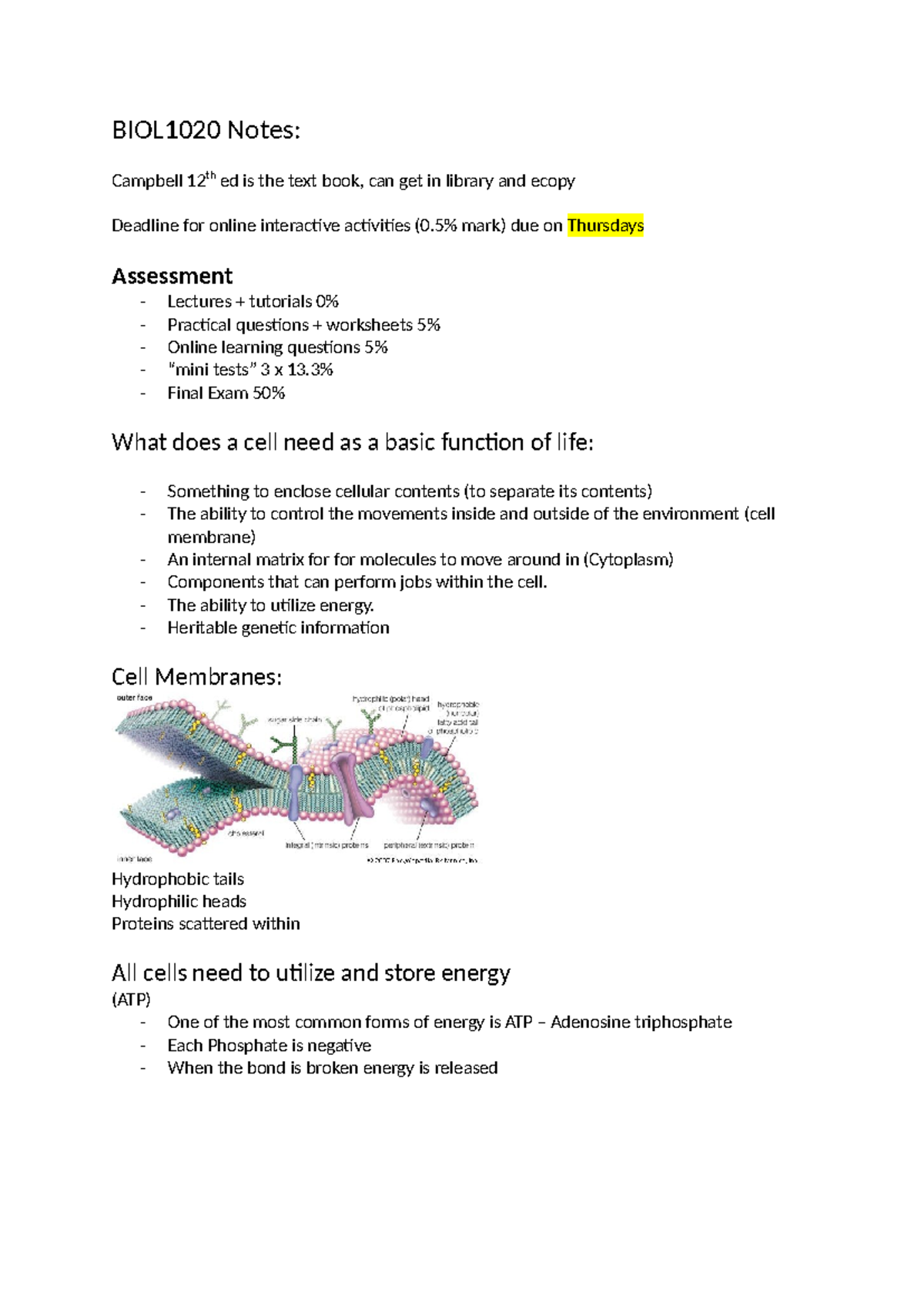BIOL1020 Module 1 Lectures - BIOL1020 Notes: Campbell 12th ed is the ...