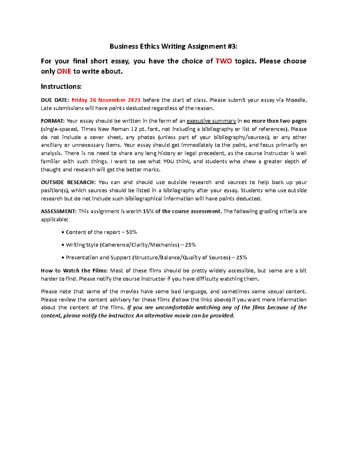 BE 3rd Writing Assignment (2021) - Business Ethics Writing Assignment ...