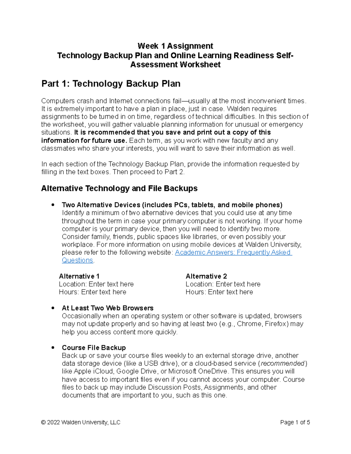 USW1 LDRS 1001 Week01 Technology Backup Plan and Readiness Assessment - Week 1 Assignment ...