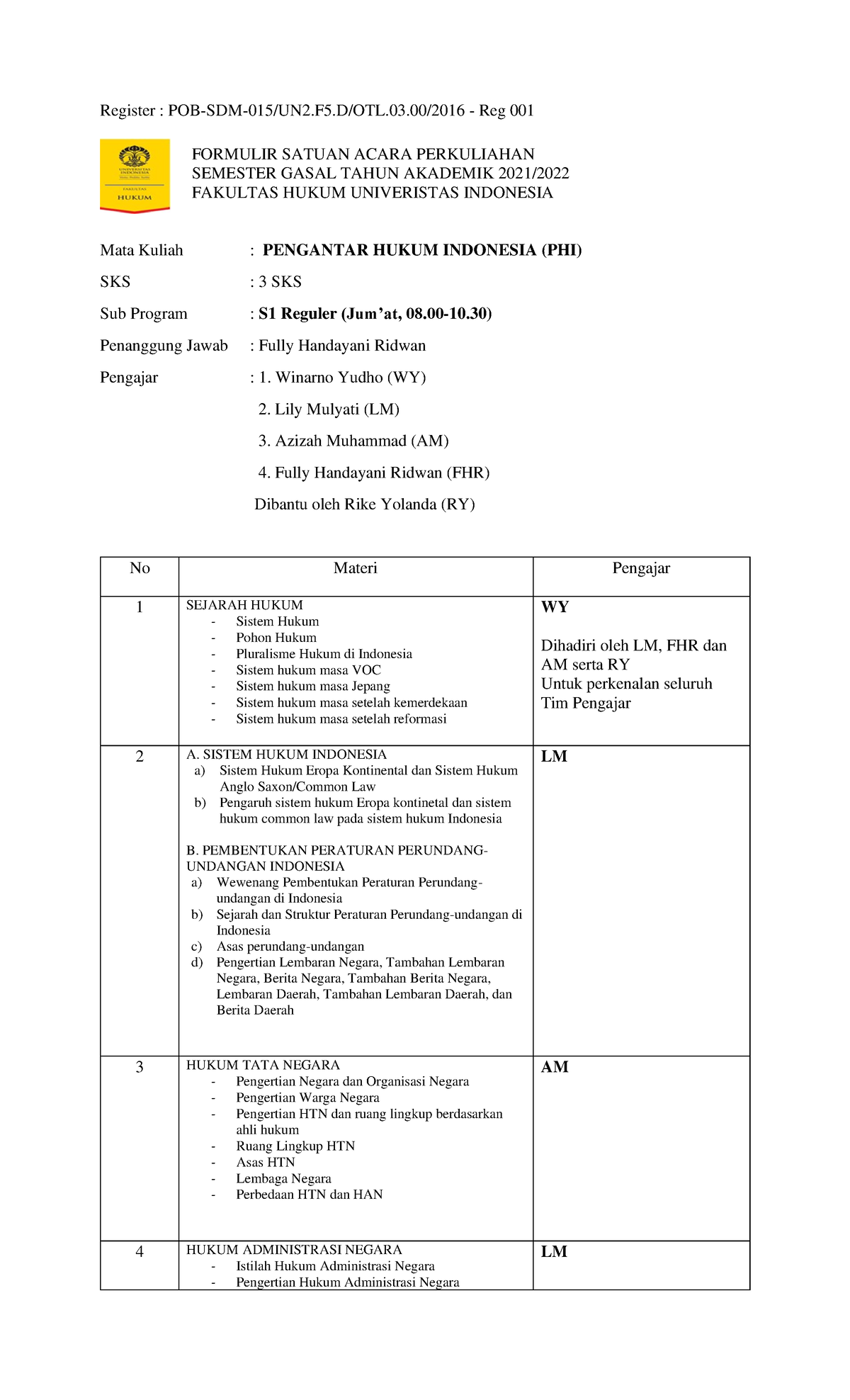 Formulir SAP Gasal 2021-2022 PHI Reguler - Register : POB-SDM-015/UN2 ...