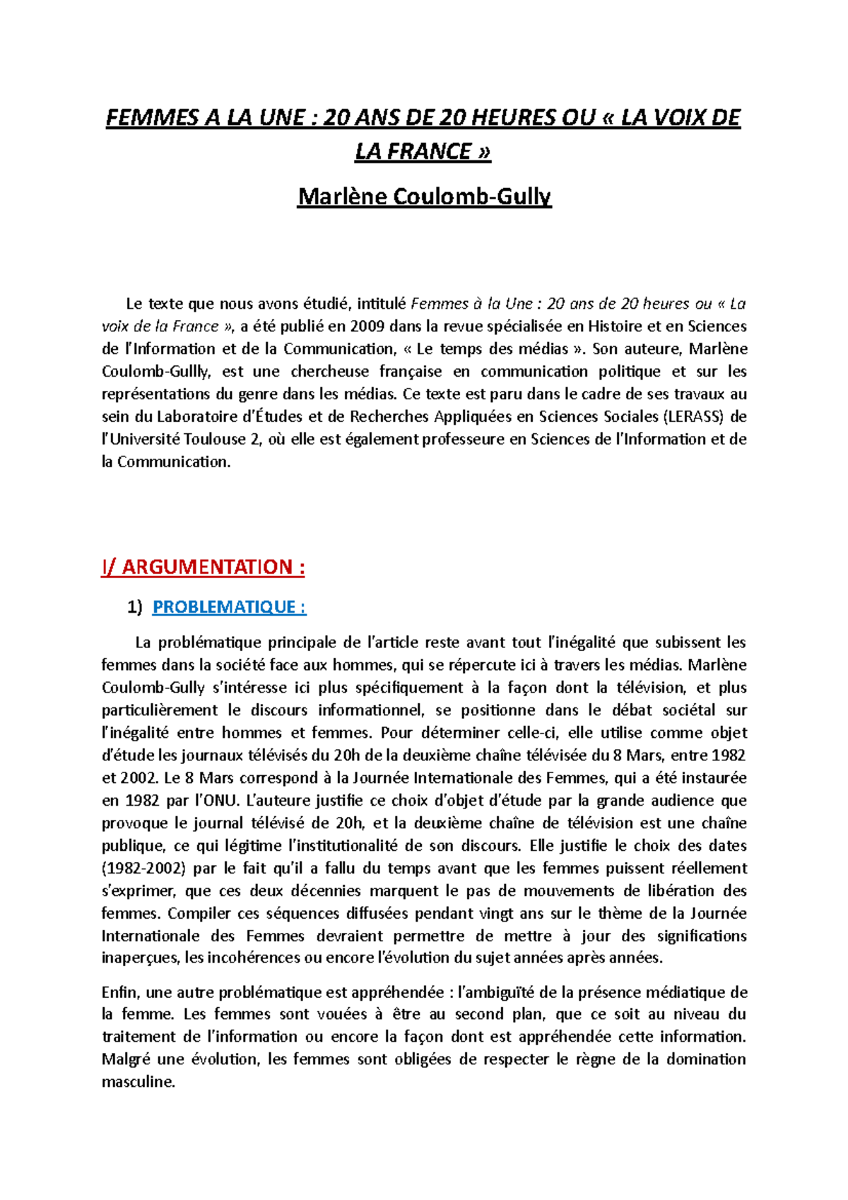 Fiche de lecture du texte "Femmes à la Une : 20 ans de 20 heures ou 'La ...
