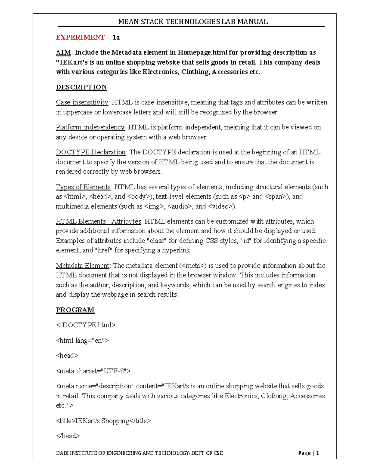 Mean stack lam manual - EXPERIMENT – 1a AIM: Include the Metadata element in Homepage for ...