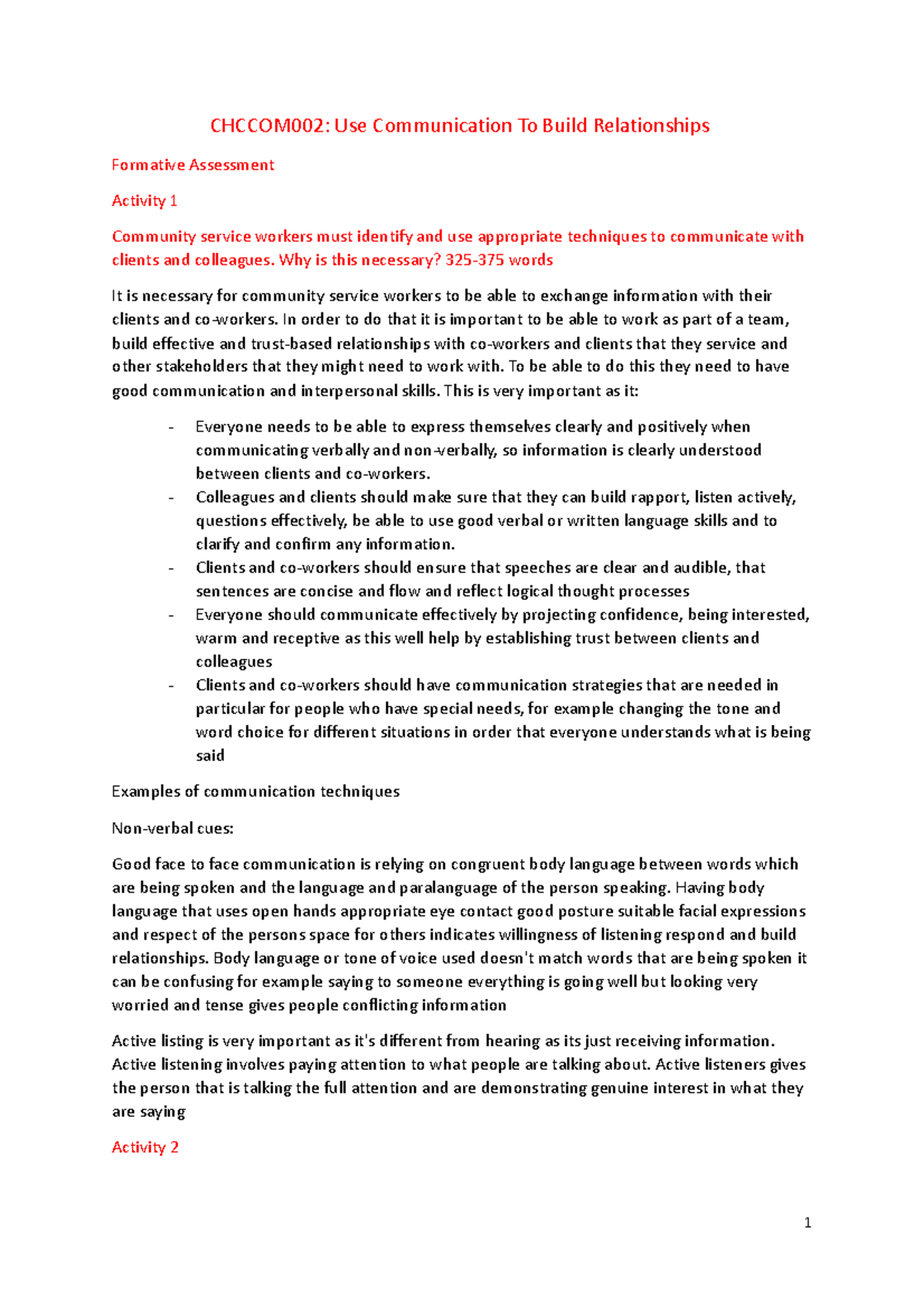 Chccom 002- Use communication to build relationships - CHCCOM002: Use Communication To Build ...