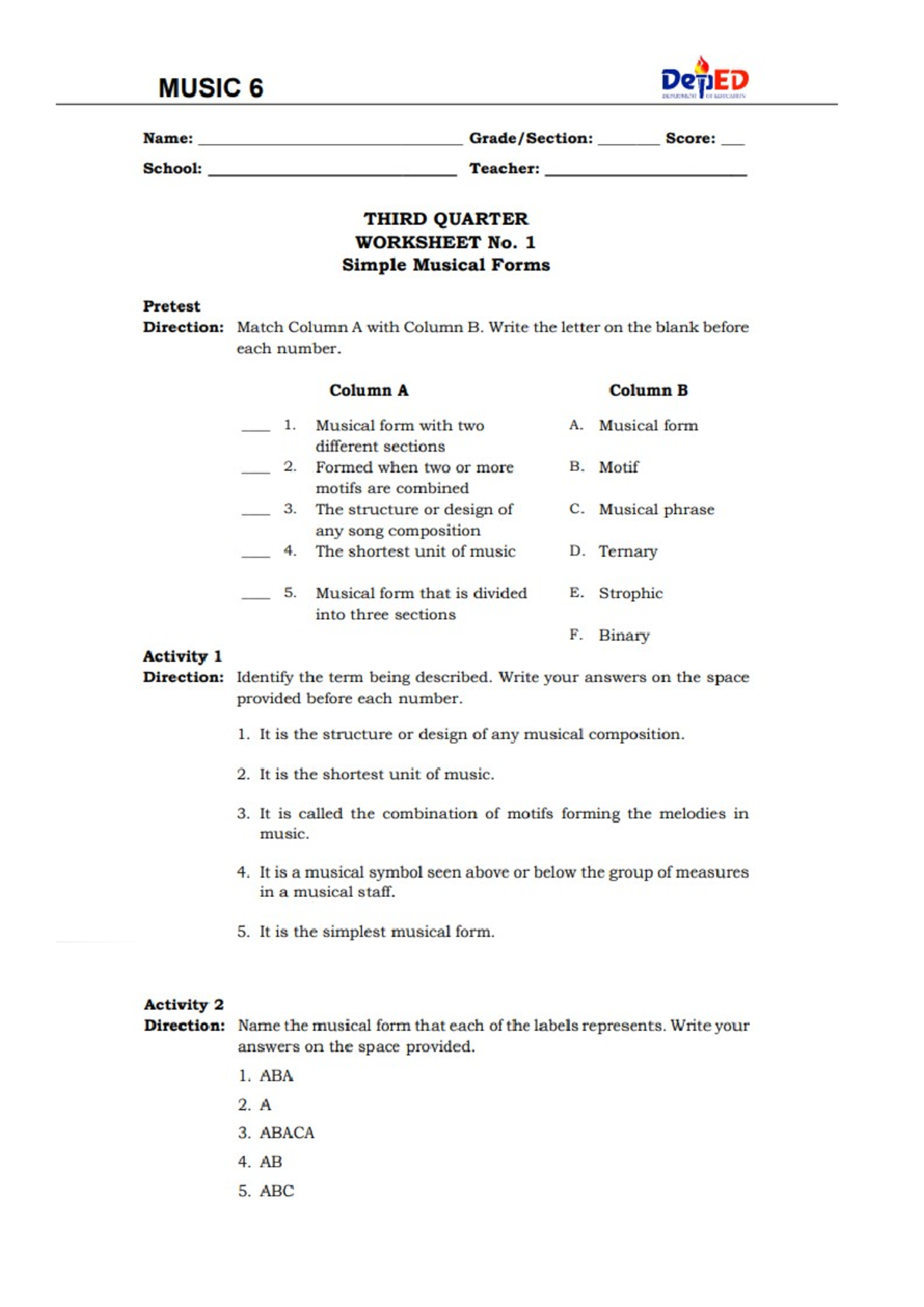 Music #1 - Sample Summative Test - Bachelor of Elementary Education ...