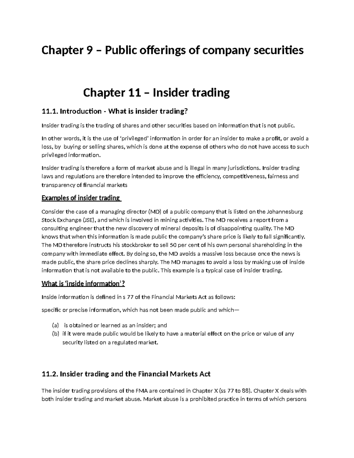 Chapter 11 insider trading notes - Chapter 9 – Public offerings of ...