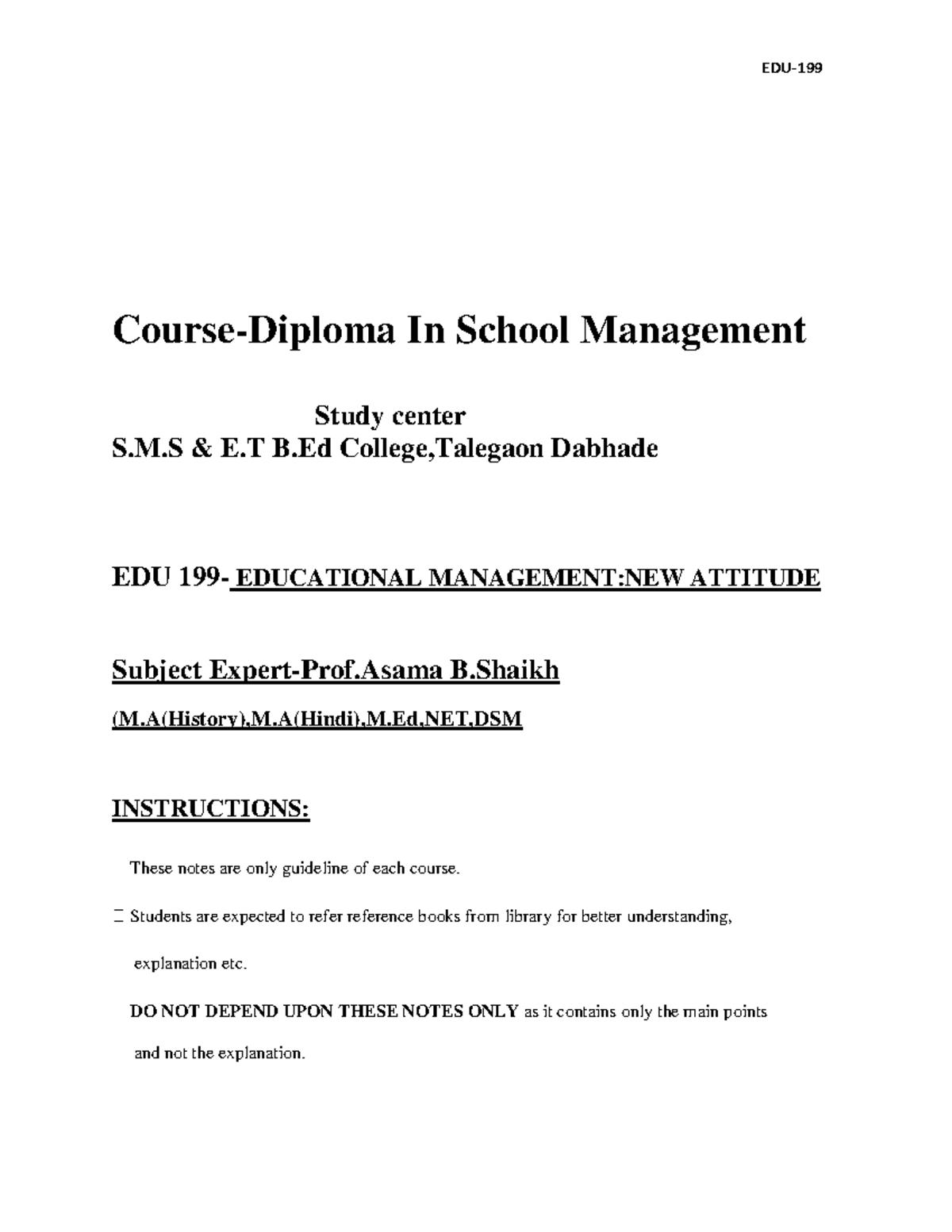 Study material School Management - Course-Diploma In School Management ...