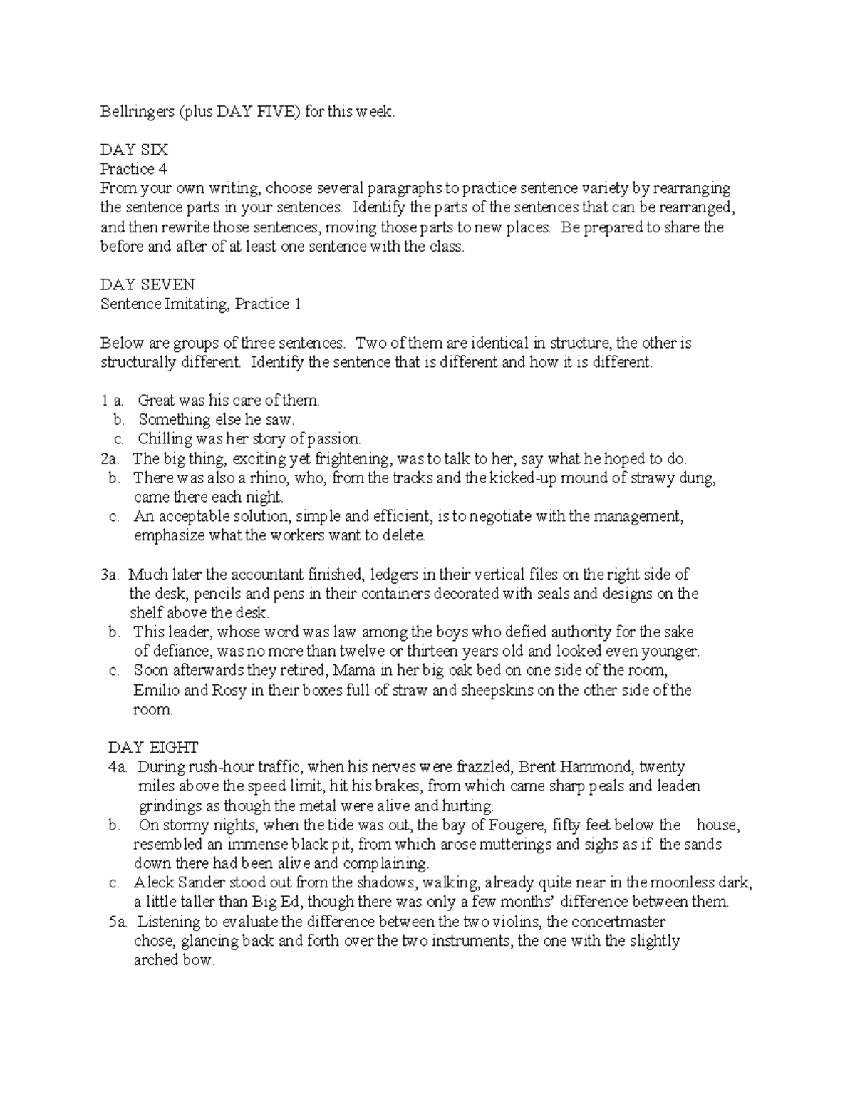 Bellringers ENG 102 - Bellringers (plus DAY FIVE) for this week. DAY ...