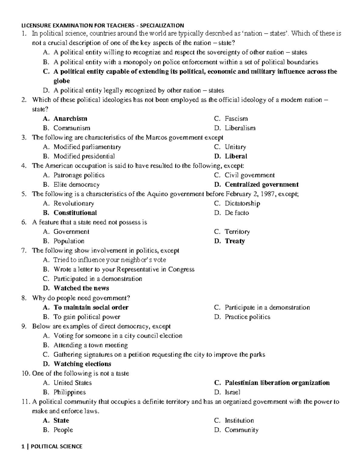 Political Science with Answer - 1. In political science, countries ...