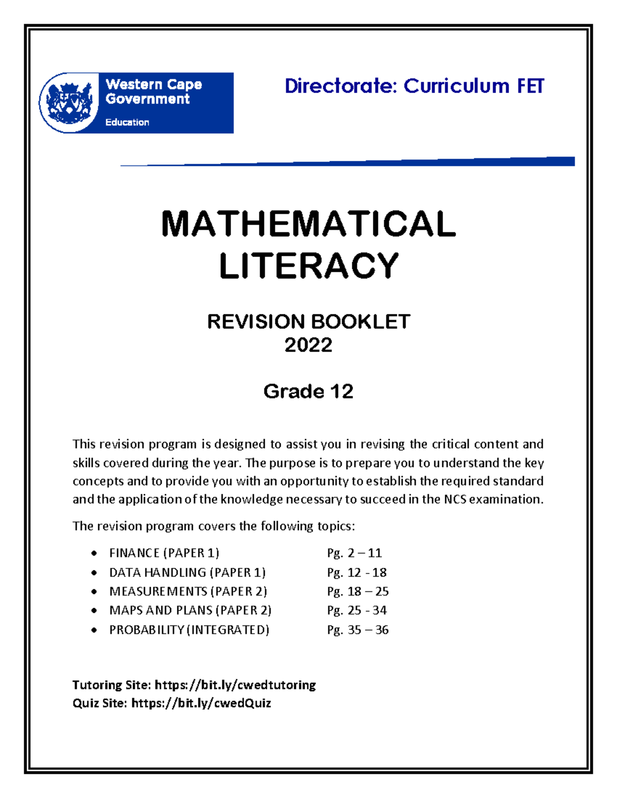 Math Lit Survival Kit - Directorate: Curriculum FET MATHEMATICAL ...