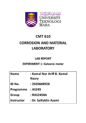 EXP1 Galvanic CELL - lab report - FACULTY OF APPLIED SCIENCE BACHELOR ...