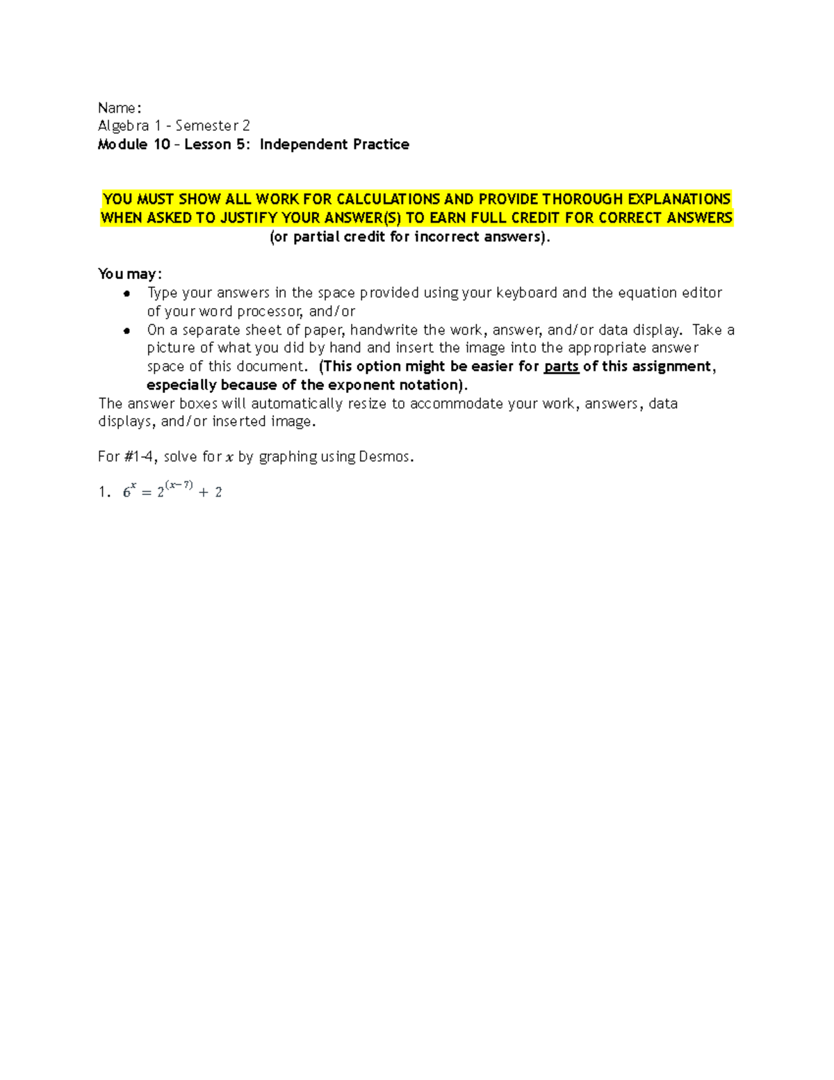 Copy of M10L5 Independent Practice Assignment - Name: Algebra 1 ...