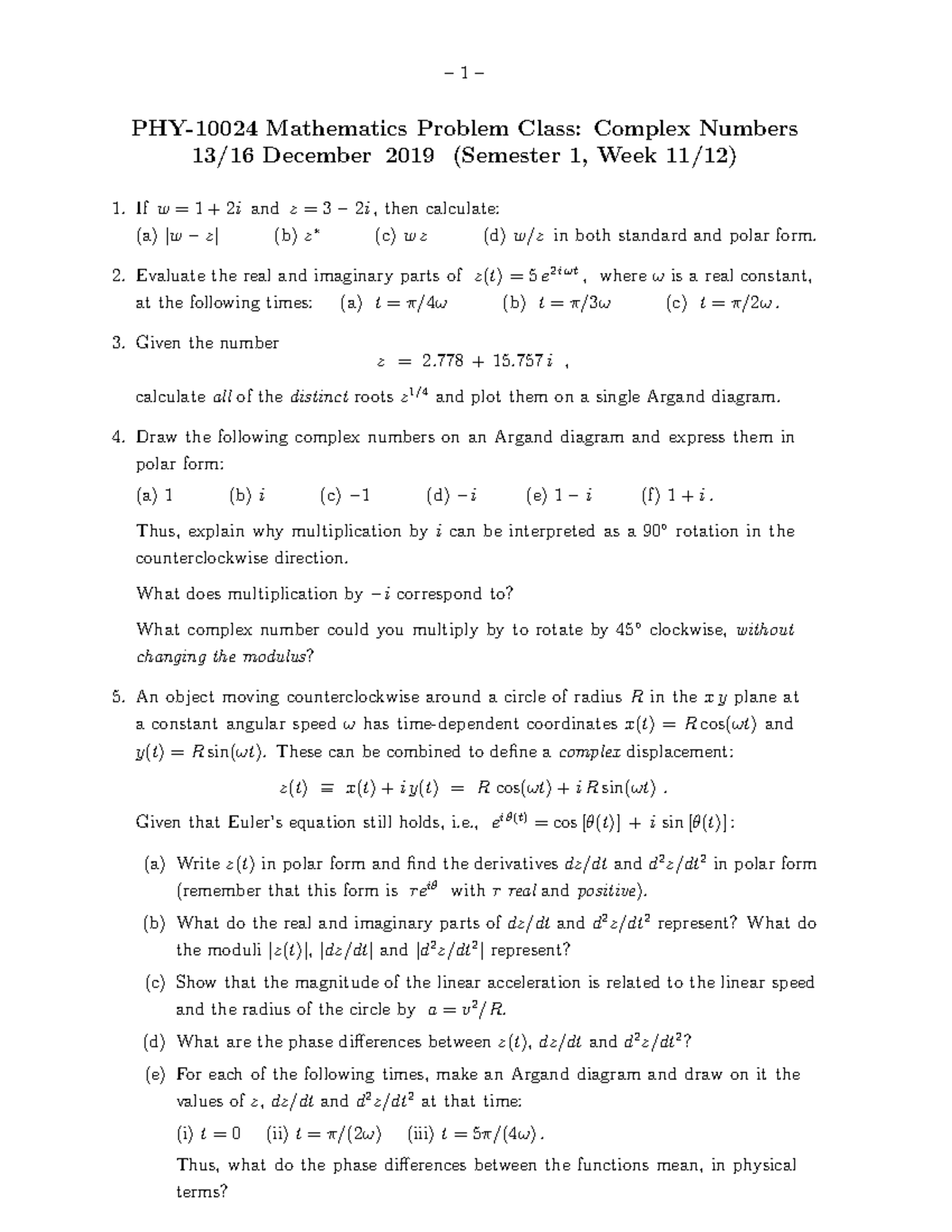 Problem Paper - Complex Numbers - – 1 – PHY-10024 Mathematics Problem ...