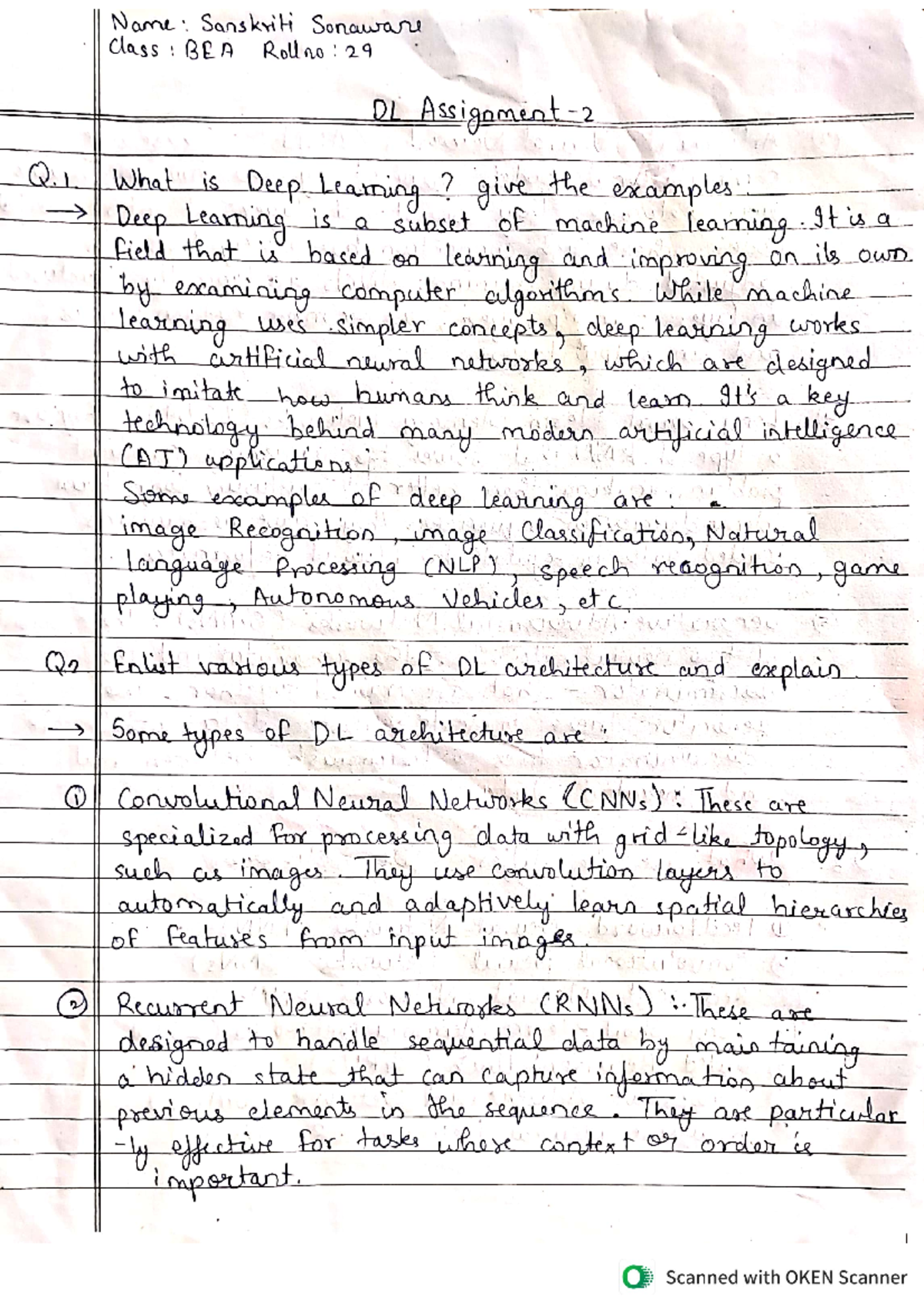 Deep Learning assignment - Name: Sanskriti Sonaware class : BEA Rollno : 29 DL Q. 1 What is Deep ...