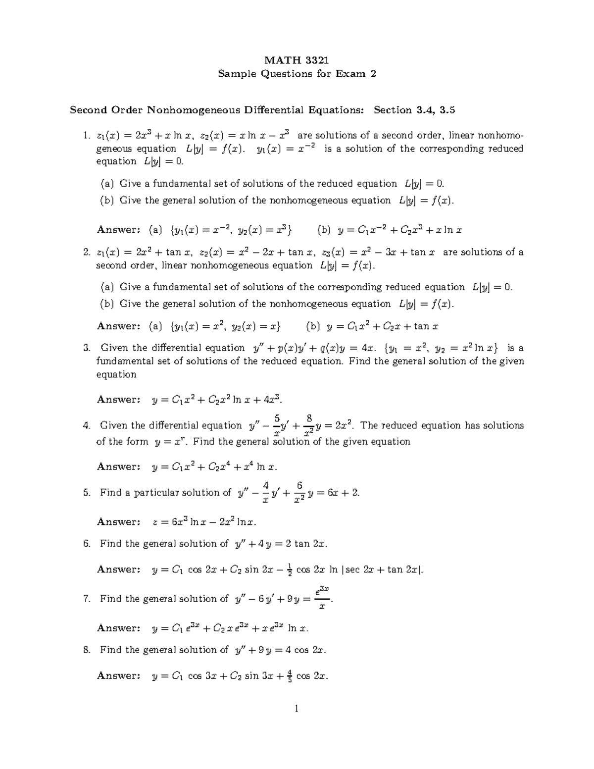 Exam2 Review QA 3321 - MATH 3321 Sample Questions for Exam 2 Second Order Nonhomogeneous - Studocu