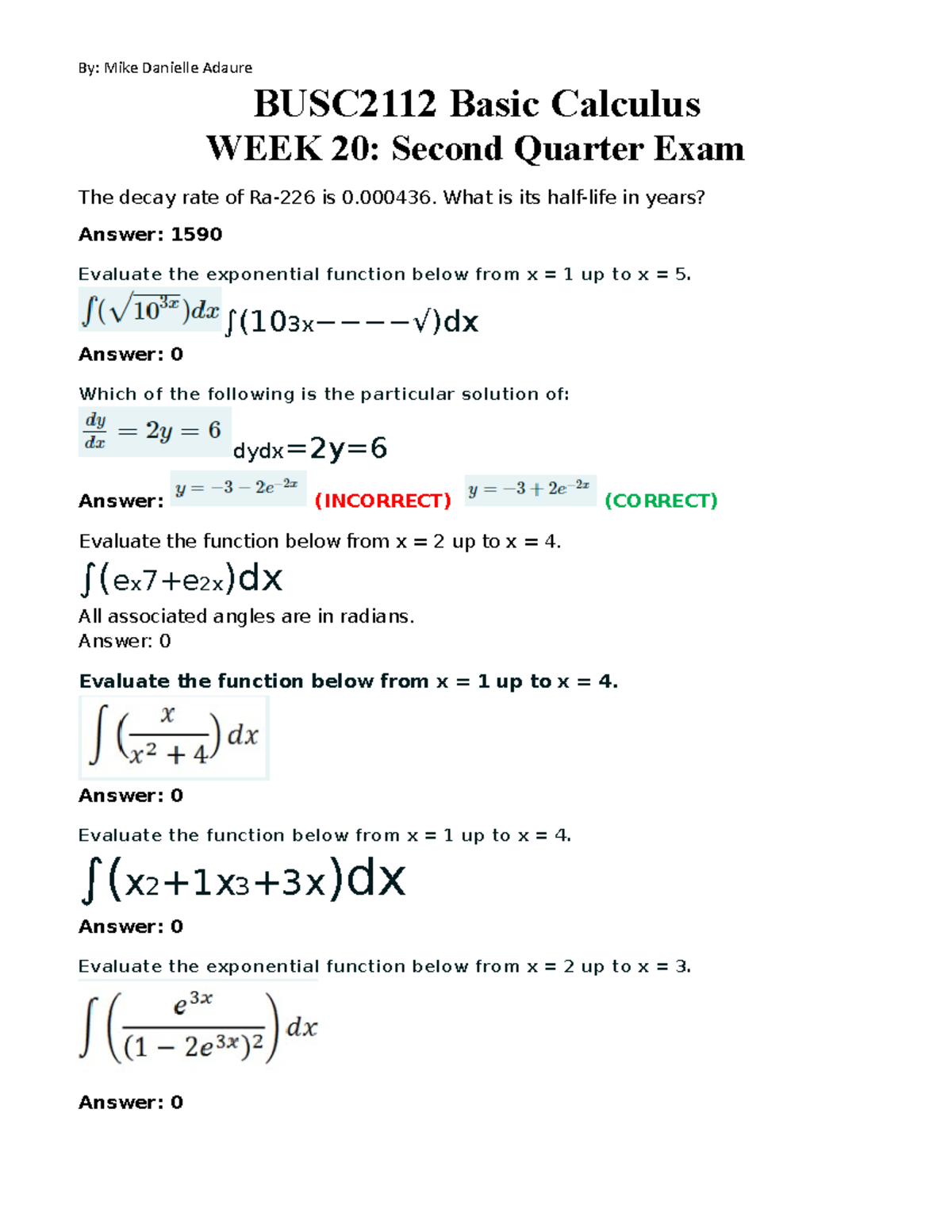 BUSC2112 Basic Calculus WEEK 20 Qexam ( Incomplete) - By: Mike Danielle ...