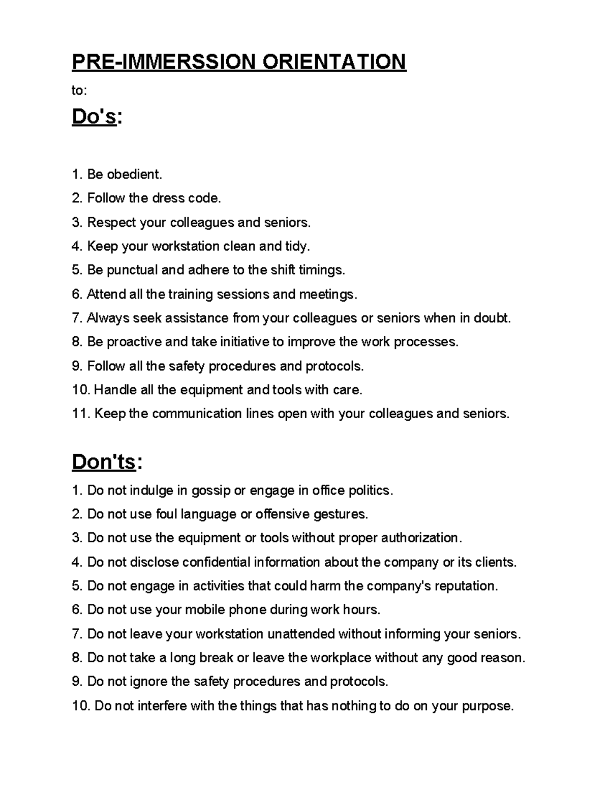 Immersion do's donts - PRE-IMMERSSION ORIENTATION to: Do's: 1. Be ...