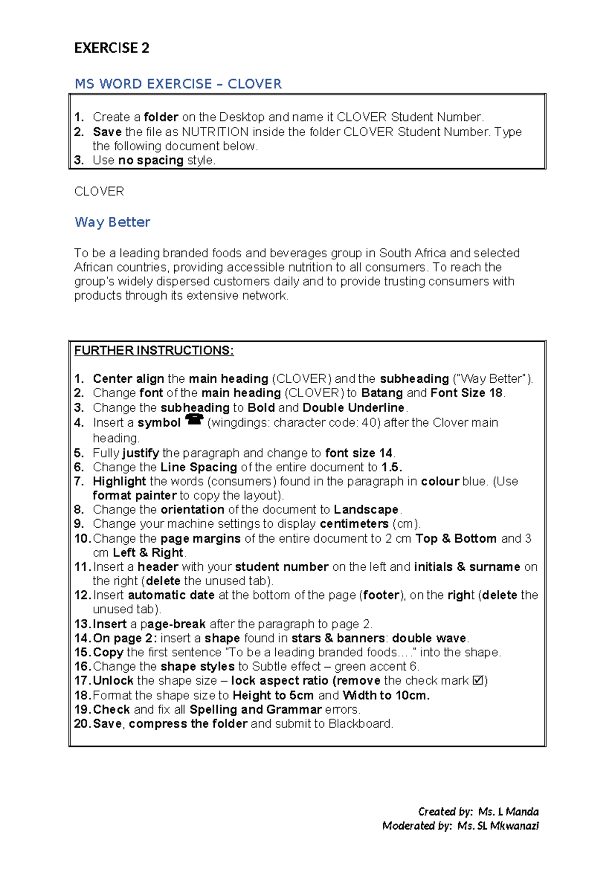 Exercise 2 Clover - EXERCISE 2 MS WORD EXERCISE – CLOVER Create a ...