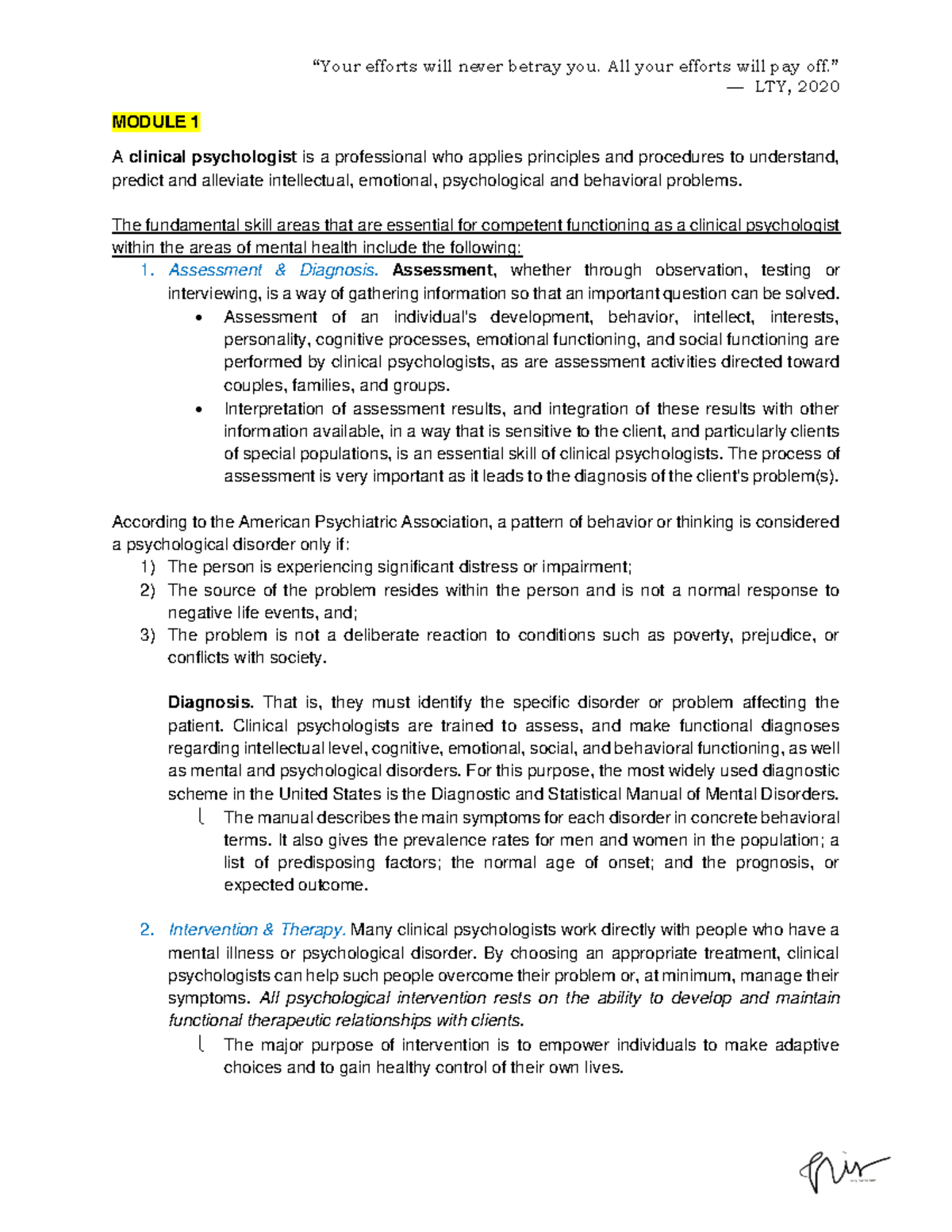 Summary Module 1 4 - Don't give up - — LTY, 2020 MODULE 1 A clinical ...
